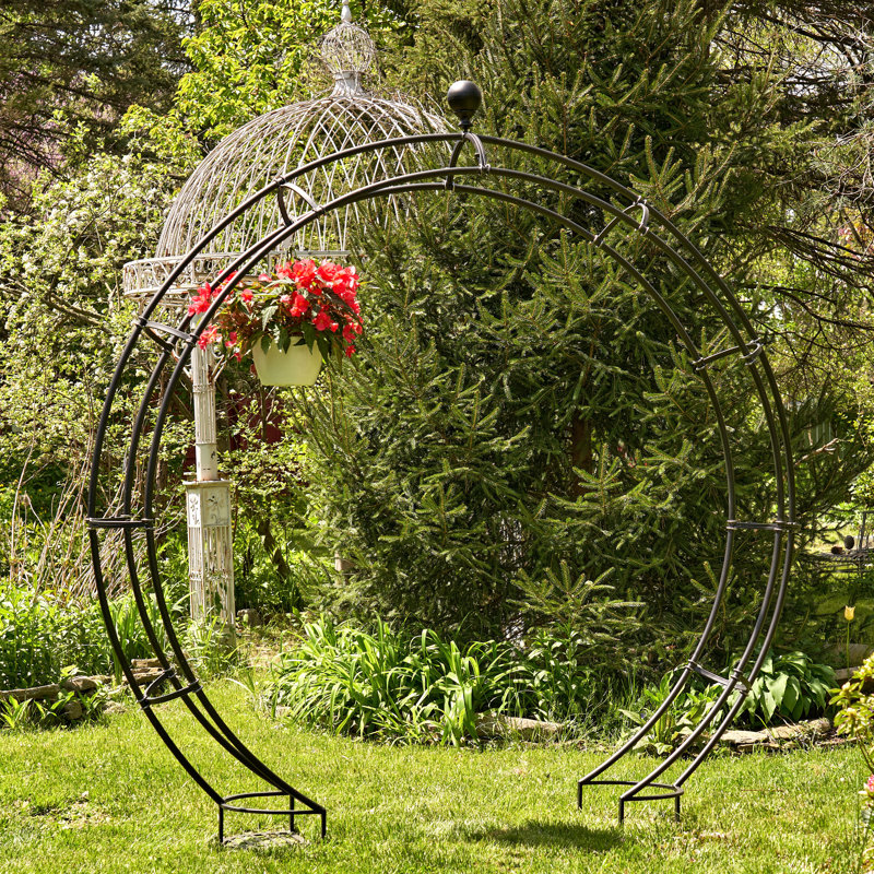 Zaer Ltd International 102" Tall Iron Moon Gate with Plant Stands in ...