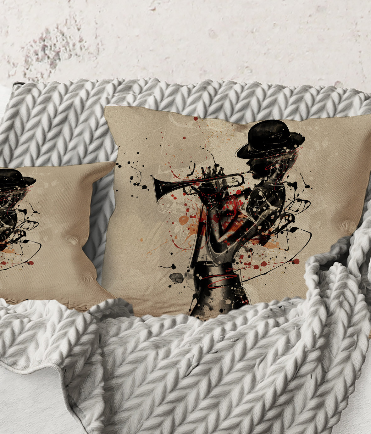 Design Art Square,Woman Playing Jazz Trumpet - Modern Printed Throw ...