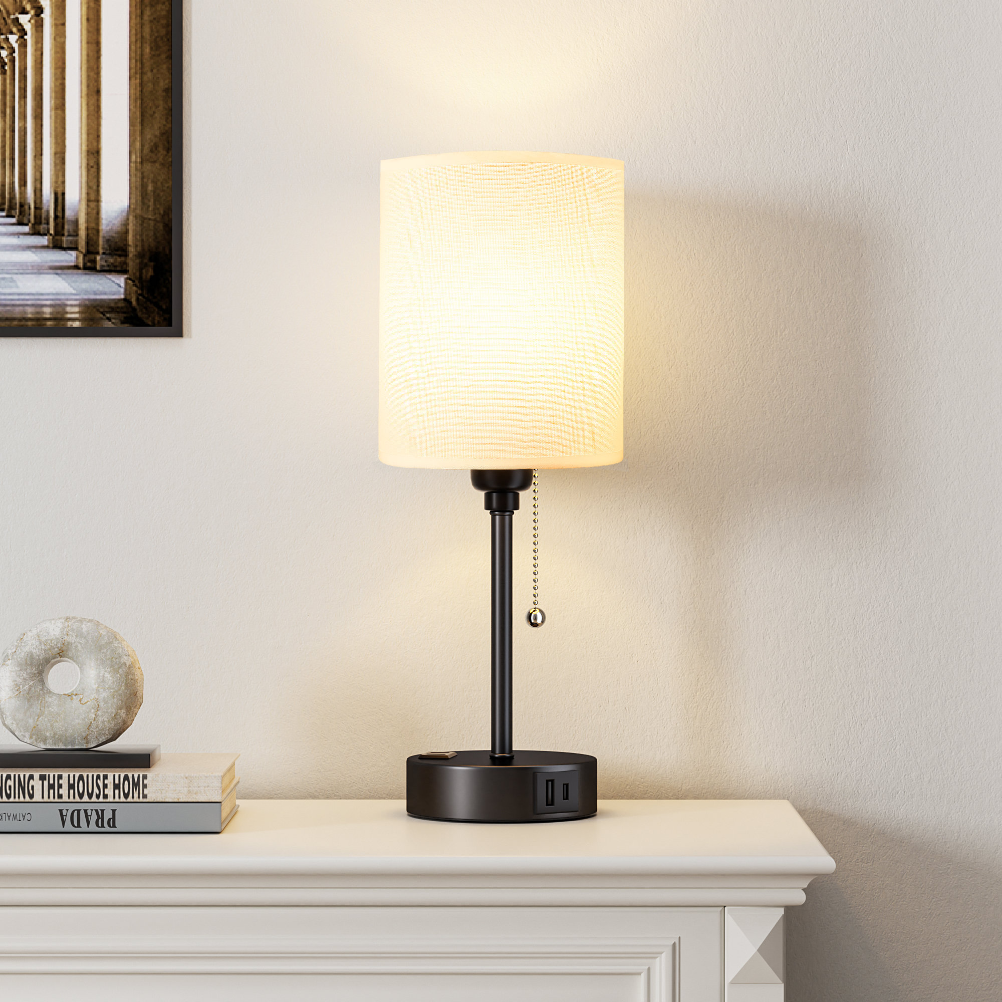 Ebern Designs 14.6'' Minimal Bedside Table Lamp with Charging Ports ...