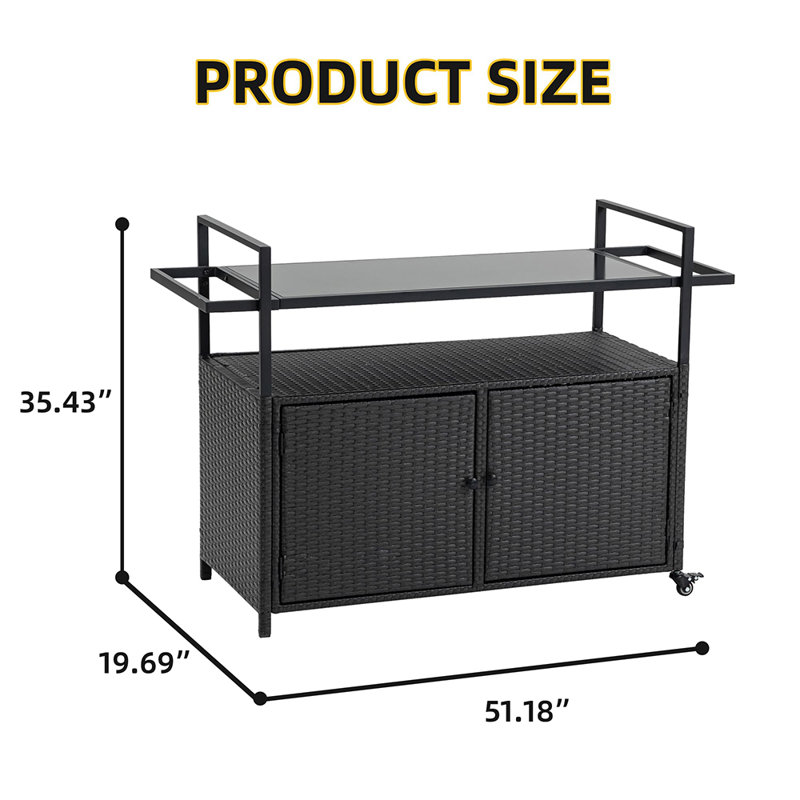 Arlmont & Co. Senona Portable Outdoor Wicker Bar Table, Wheels, Glass ...