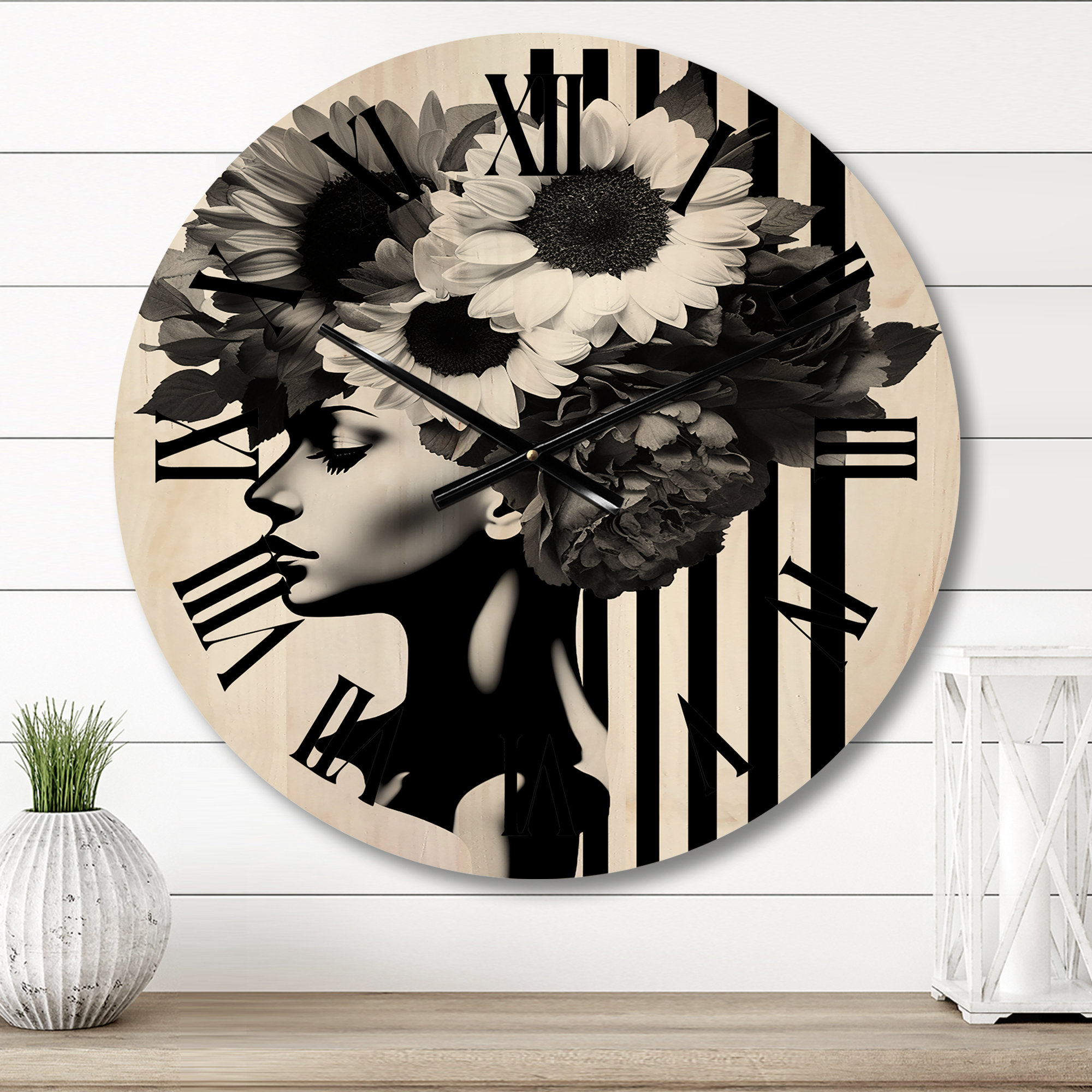 East Urban Home Vintage Minimalism Striped Woman White Flowers IV ...