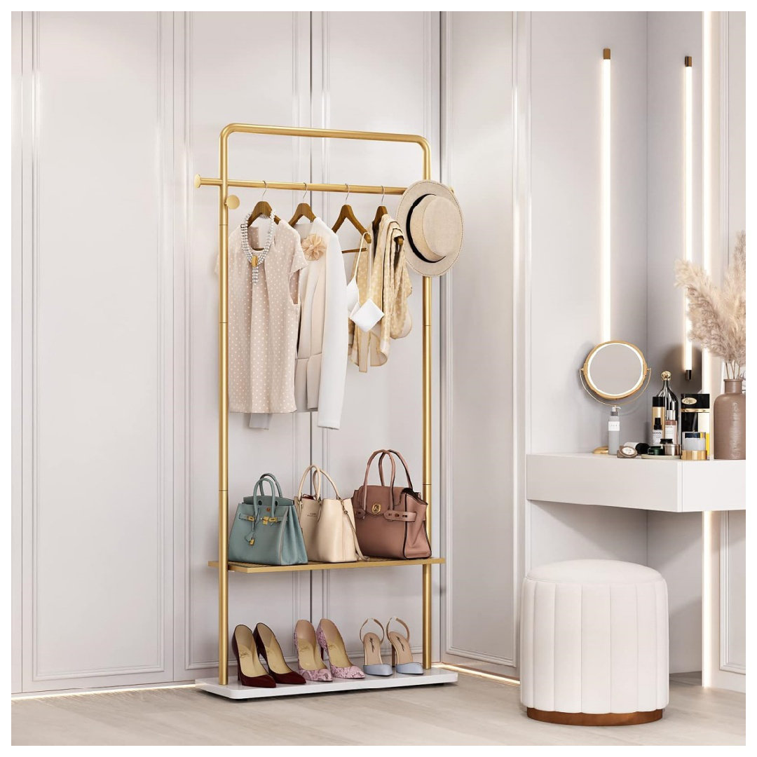 Orren Ellis Gold Clothing Racks With Shelf, Heavy Duty Gold Clothes ...