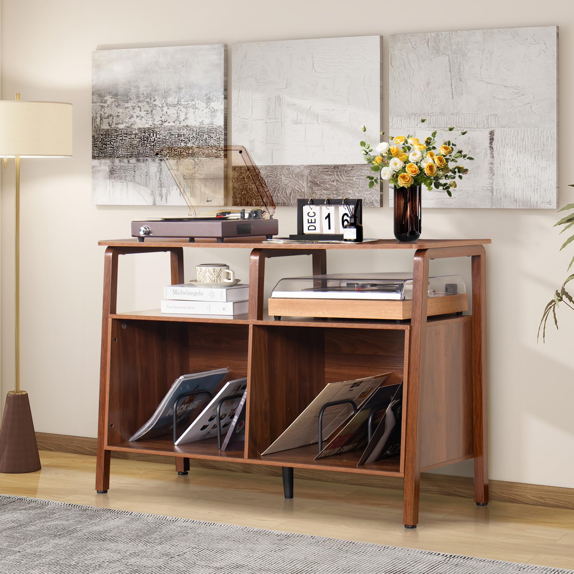 George Oliver Mid-Century Modern Record Player Stand With 4-Compartment ...