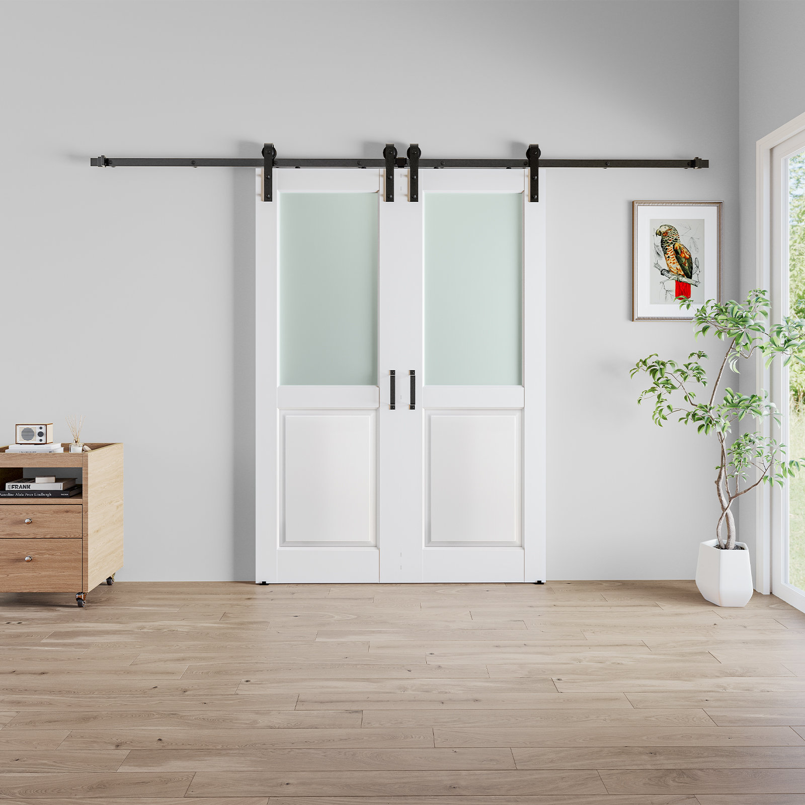 SMARTSTANDARD 80" Primed Solid Wood Half Frosted Glass Double Barn ...