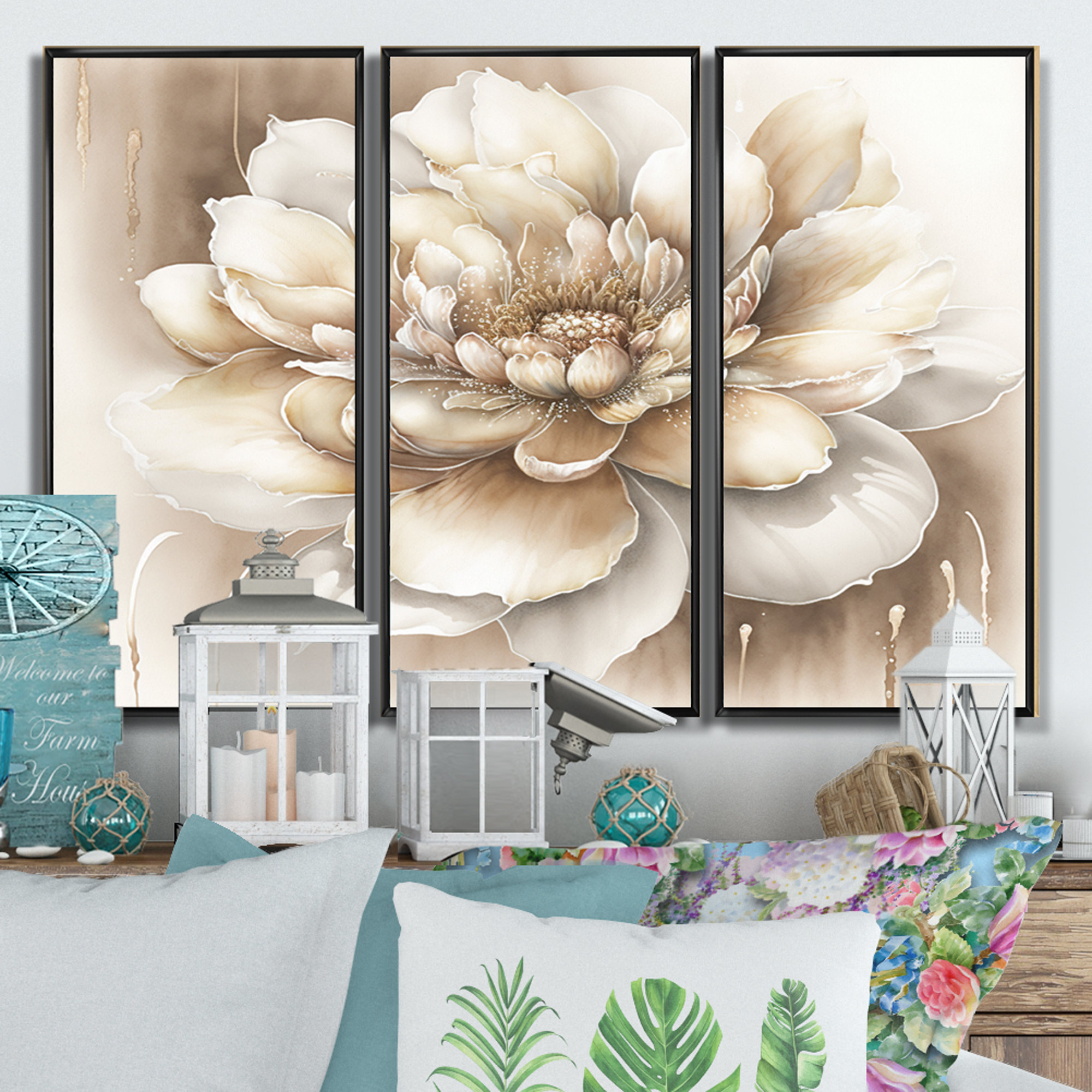 Design Art Single Beige Flower II - 3 Piece Floater Frame Print on ...