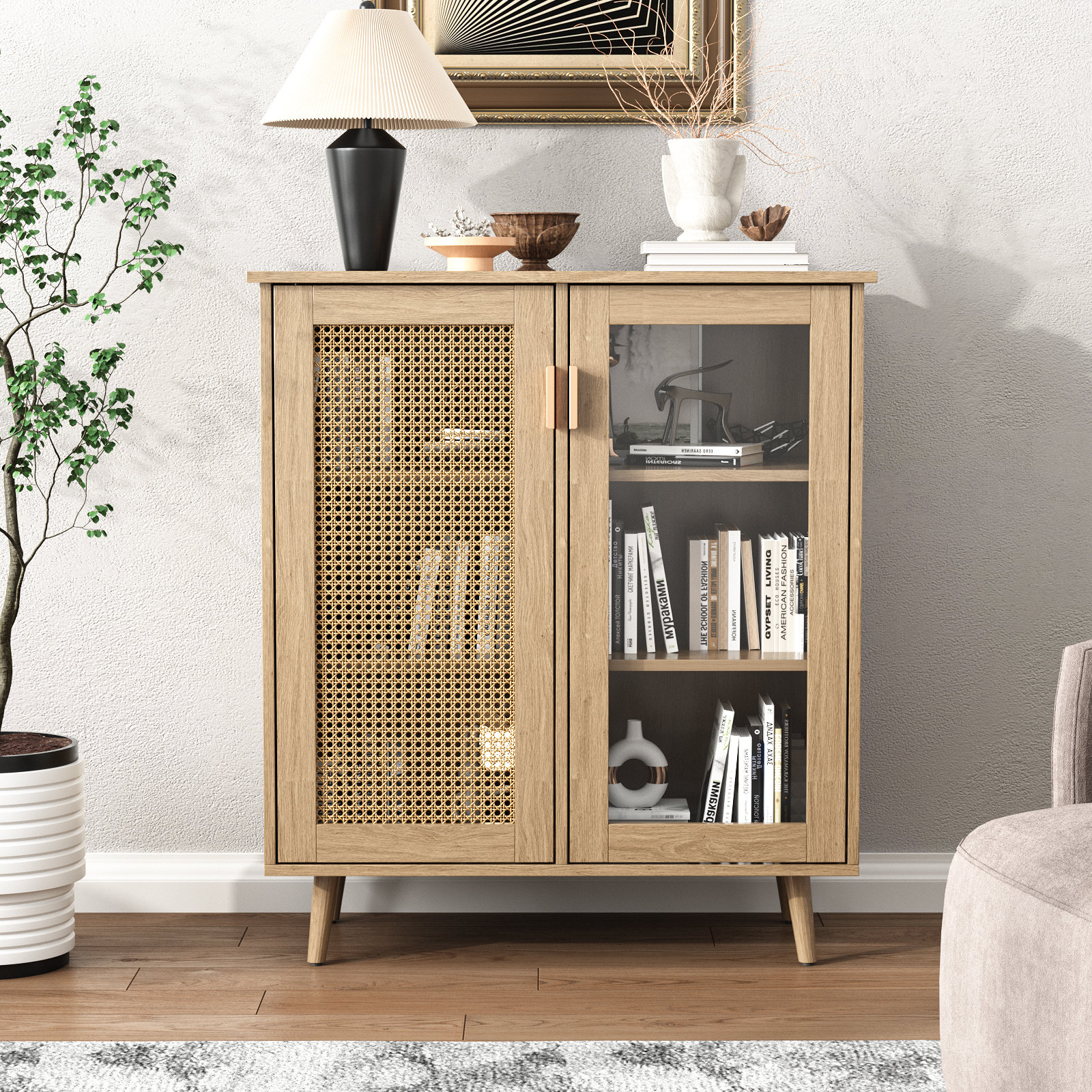 Ivy Bronx Yinn Sideboard Buffet Kitchen Storage Cabinet with Rattan ...