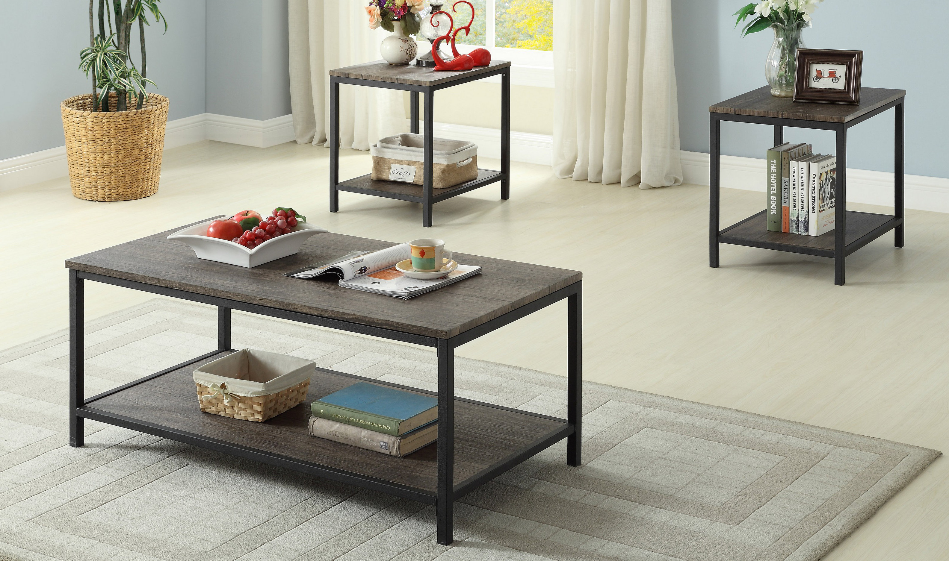 17 Stories Distressed Wooden 3 Piece Coffee Table Set | Wayfair