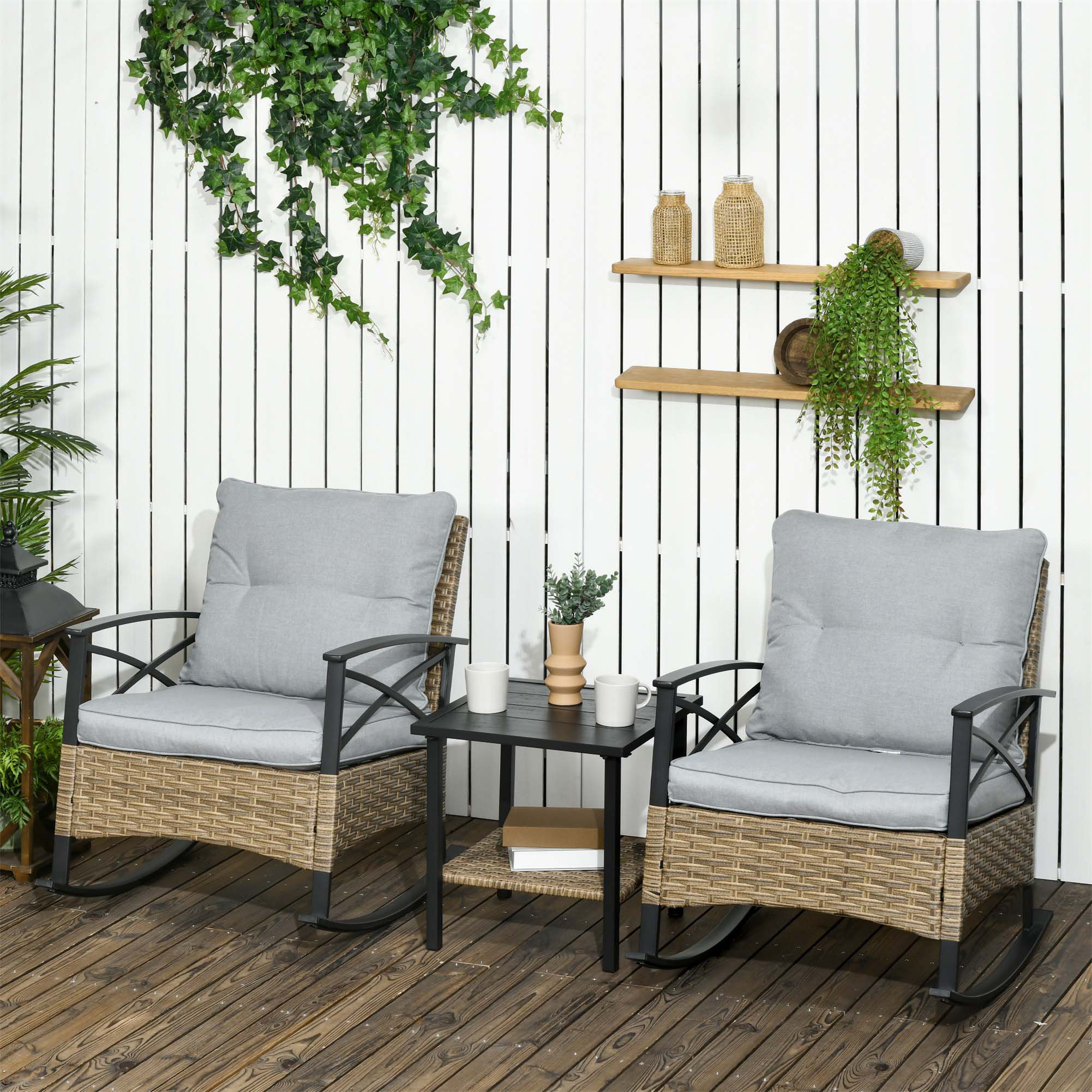 Red Barrel Studio 3 Piece Patio Rocking Chair Set,Outdoor Wicker Bistro ...