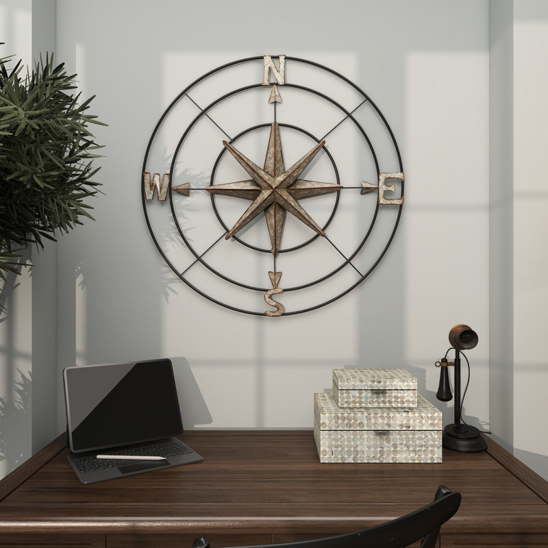 Breakwater Bay Metal Indoor Outdoor Compass Home Gray Wall Decor with ...