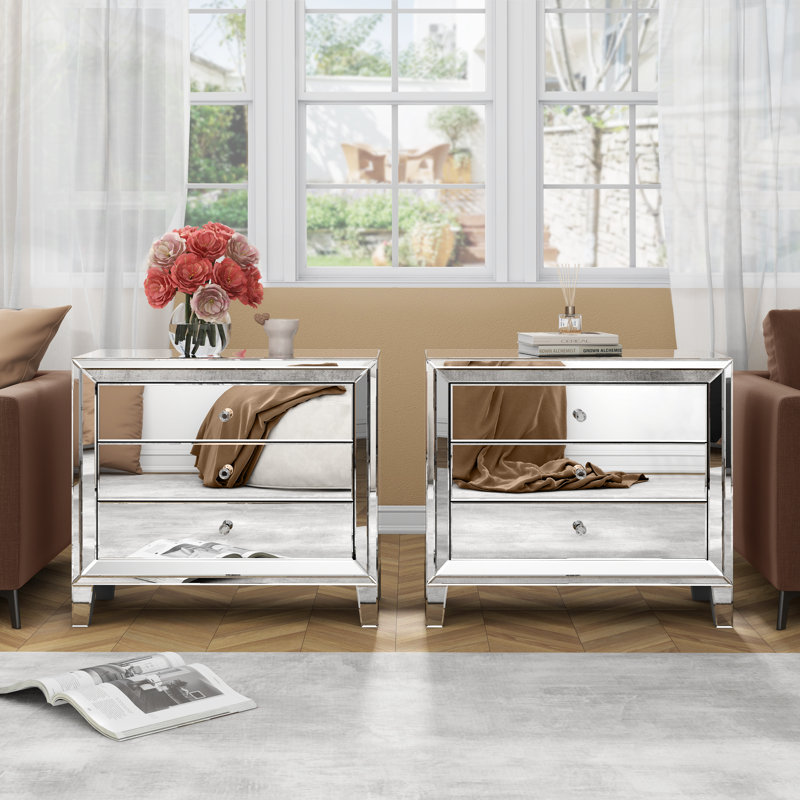 Everly Quinn Yolanta 33" Mirrored Glass Nightstand with 3 Storage ...