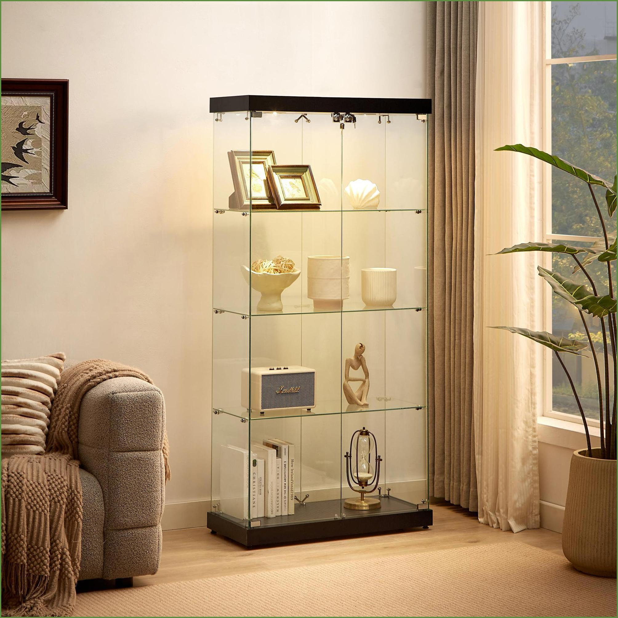 Latitude Run® Cabinets, 4-Tier Glass Display Cabinet with Double Doors ...