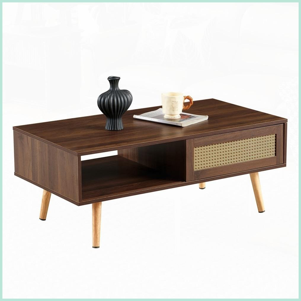 Dakota Fields Walnut PE Rattan Coffee Table with Sliding Door Storage ...