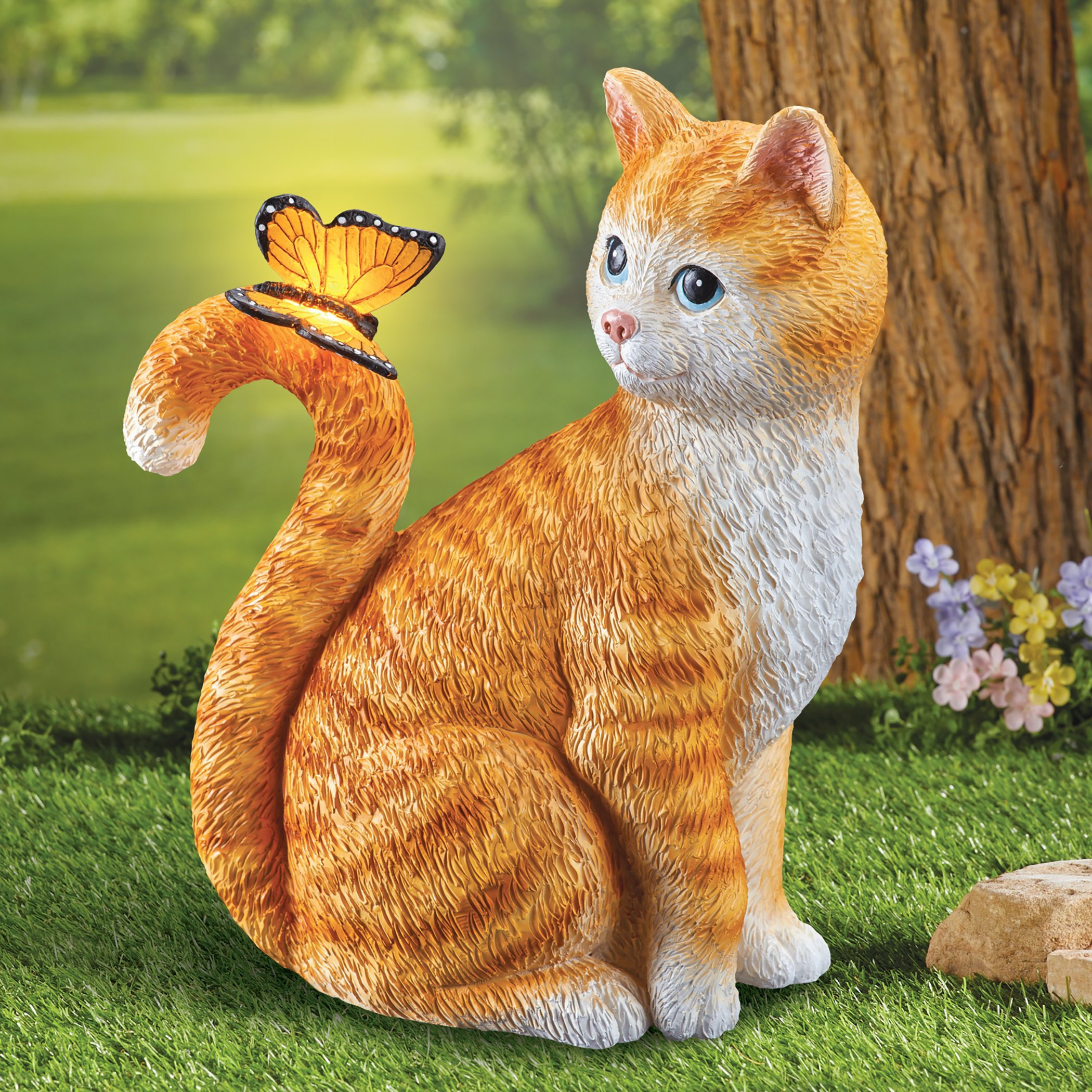 Ophelia & Co. Orange Tabby Cat with Solar Powered Butterfly Garden ...
