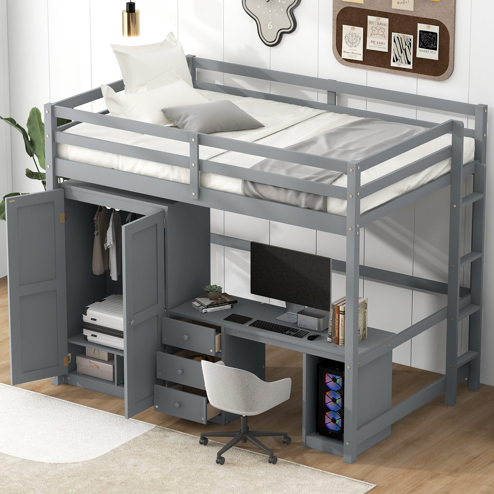 Harper&Bright Designs Multi-Purpose Loft Bed with Built-In Desk and Wardrobe | Wayfair