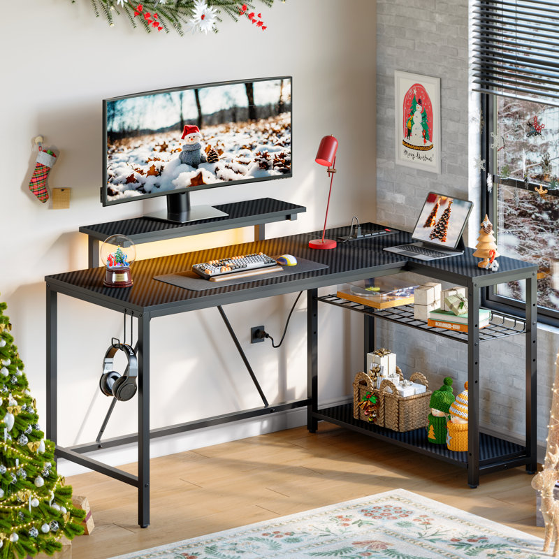 Haigh+48"+L-Shaped+Computer+Desk+with+Power+Outlet,+LED+Gaming+Work ...