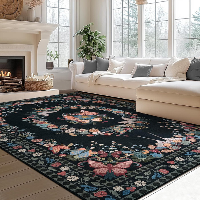 August Grove® Washable Area Rug Black Butterfly Soft Accent Carpet ...