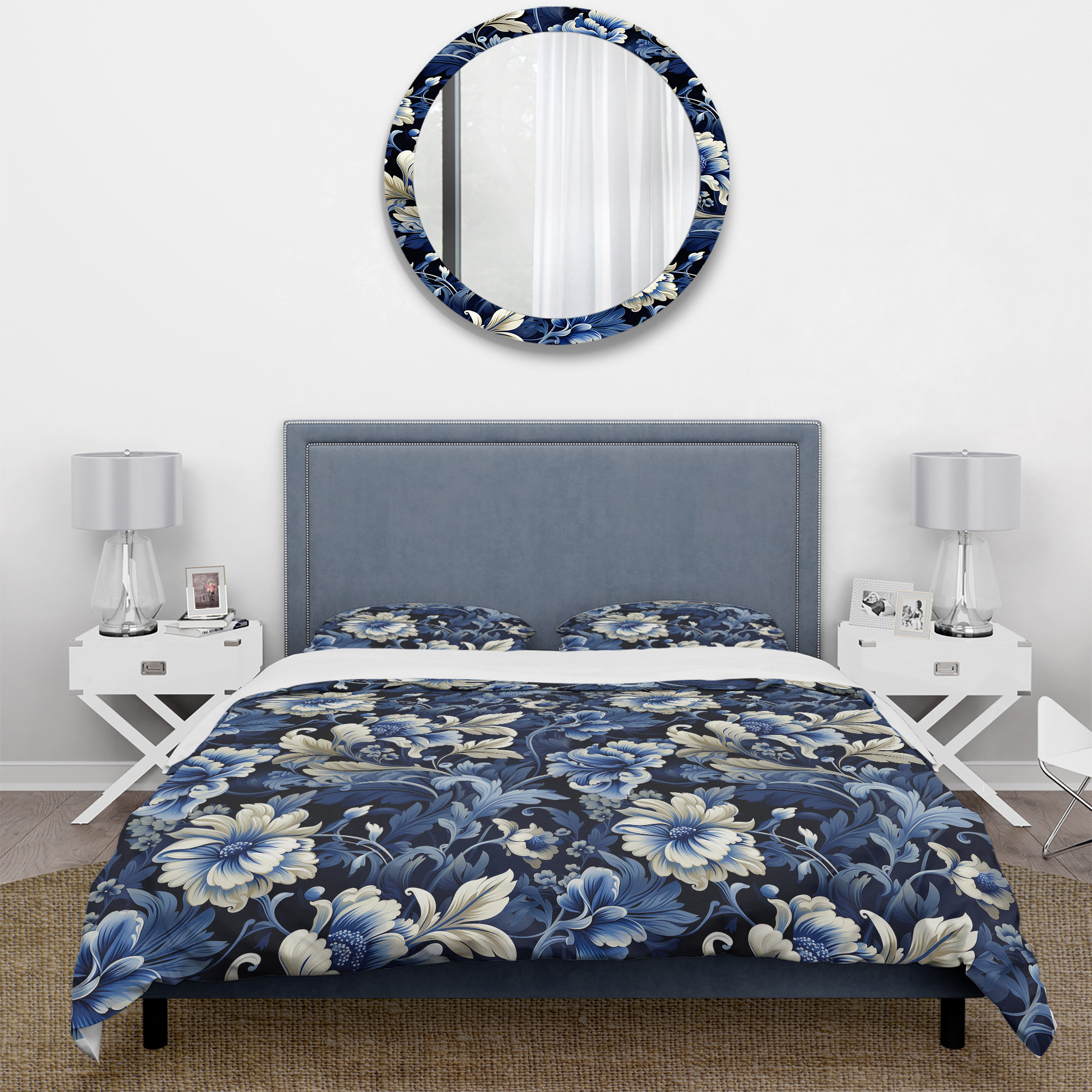 Design Art Cobalt Blue Ornate Corners Victorian Pattern Duvet Cover Set ...