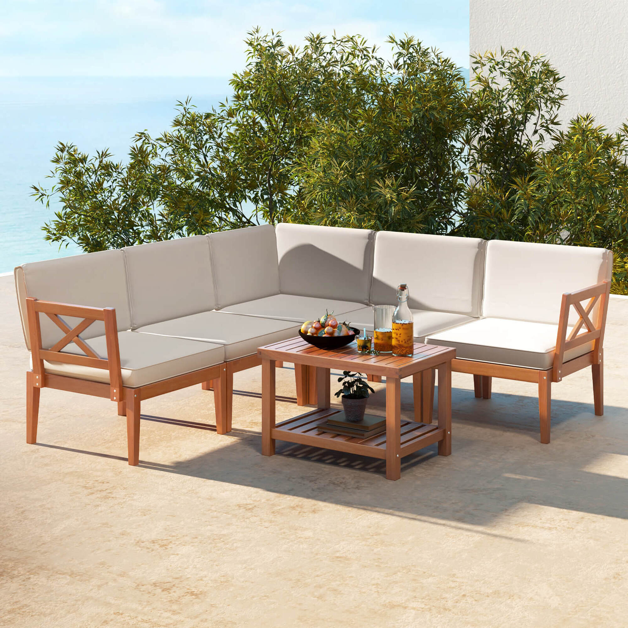 August Grove 6 Pcs Acacia Wood Patio Furniture Set With Cushions And 2 ...