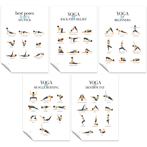 Maturi Yoga Poses for Full Body Workout Home Gym - 5 Piece Unframed Art ...