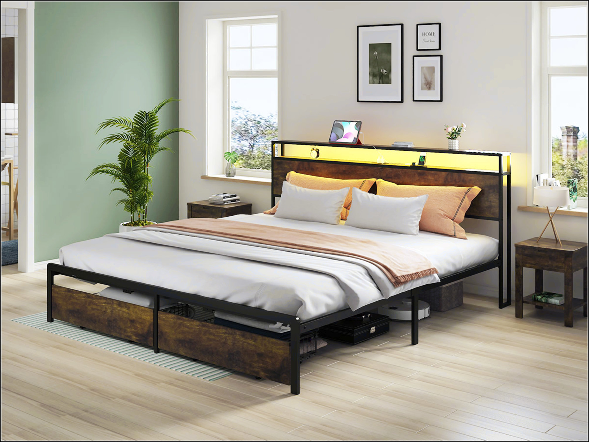 Wrought Studio™ King Bed Frame With Led Lights And Charging Station ...