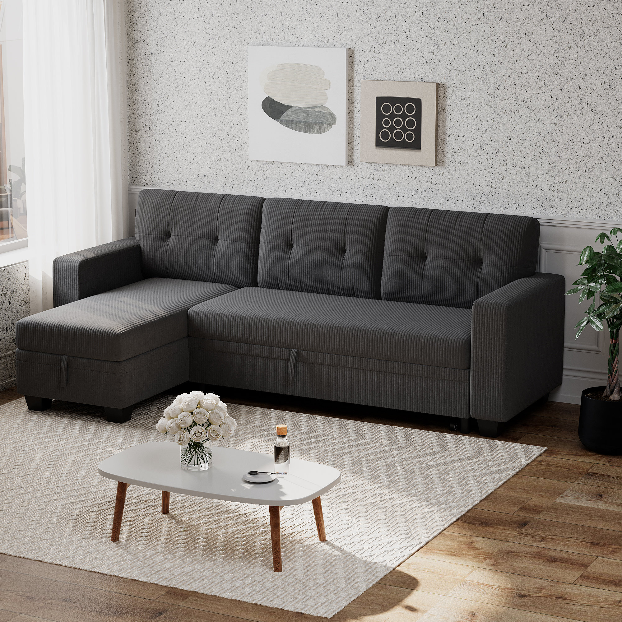 Ebern Designs Jalencia L-Shaped Corduroy Upholstered Sleeper Sectional ...