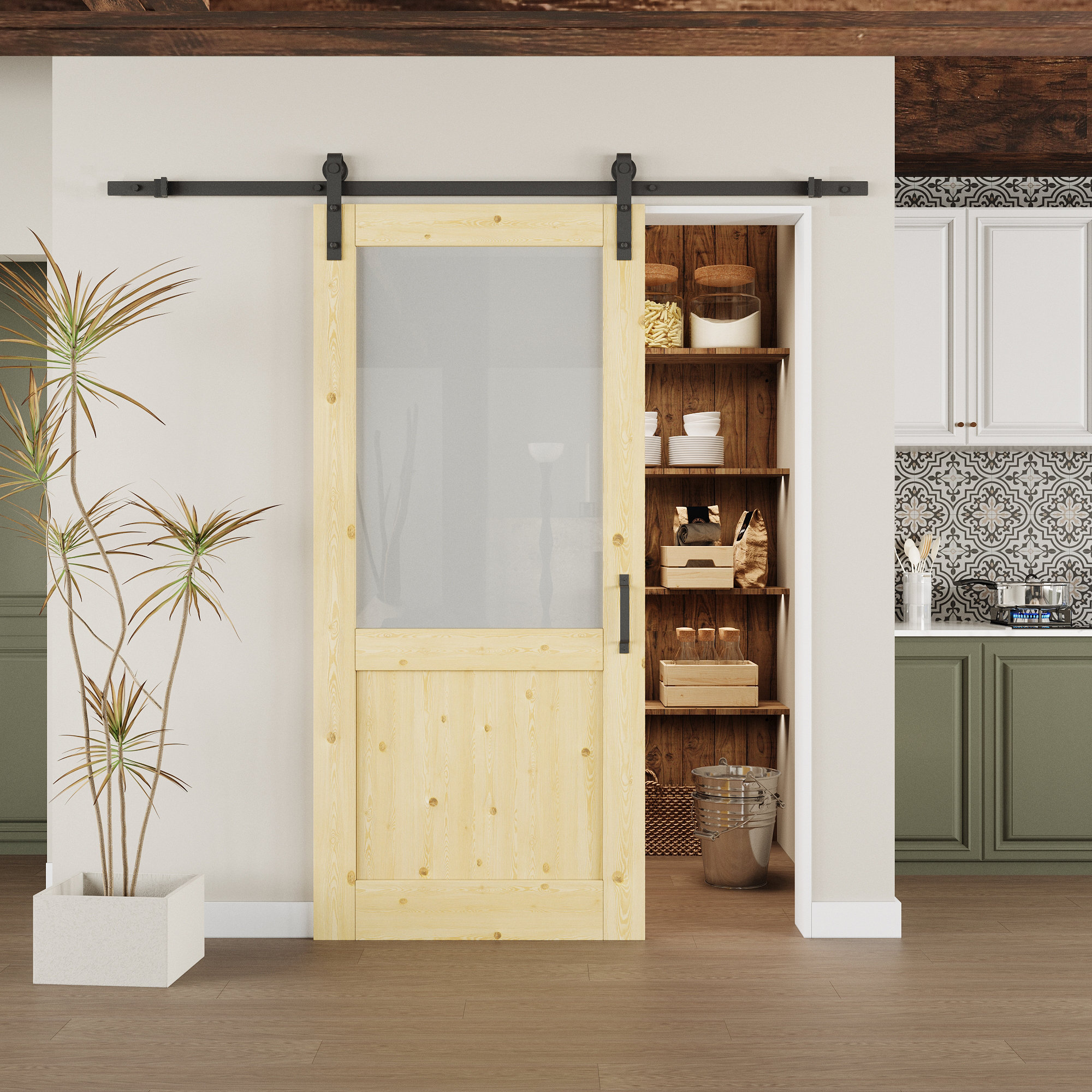 Home Worthy Porte de grange coulissante en pin massif et verre givré avec trousse de ...