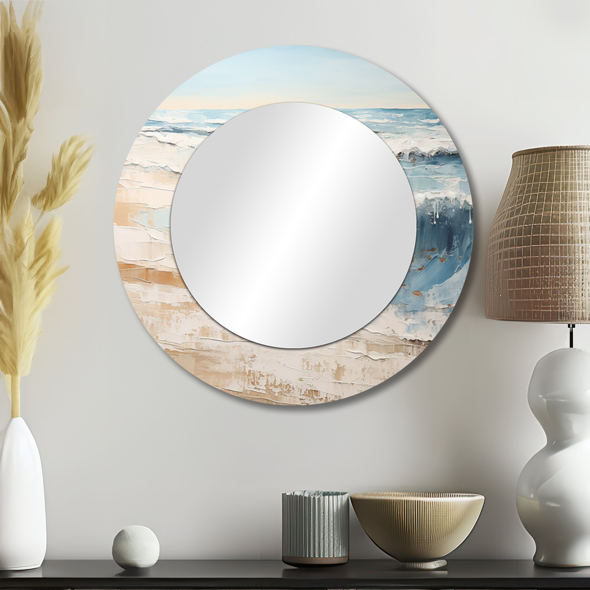 Design Art Golden And Blue Beach Tranquility I - Beach Mirror, Beige ...