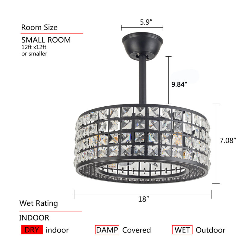 Millwood Pines Hatwell 18'' Industrial Crystal Ceiling Fan with Remote ...