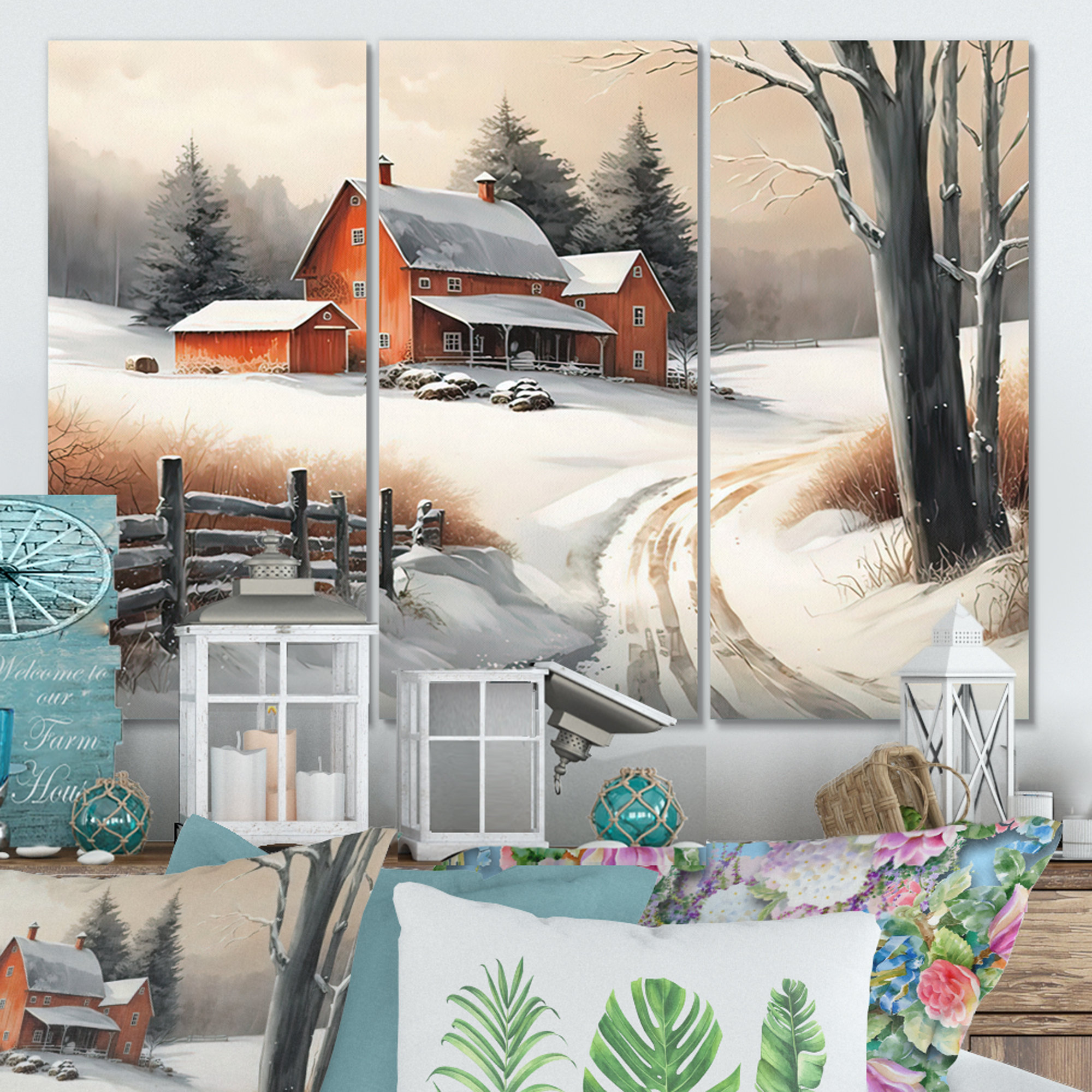 August Grove® Red Barn Scenery In Winter III - 3 Piece Print on Canvas ...