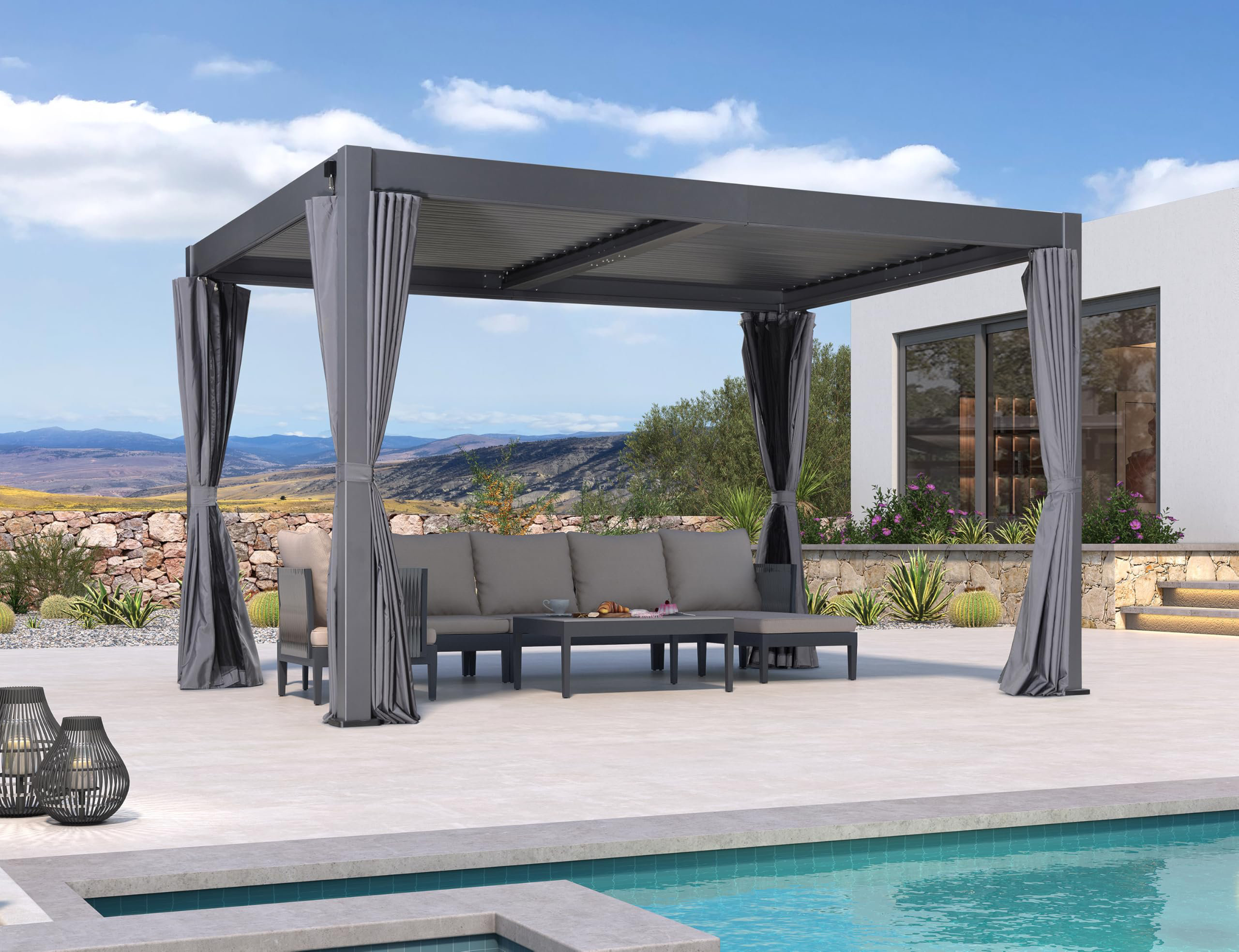 PURPLE LEAF Louvered Pergola with Netting and Curtains & Reviews | Wayfair