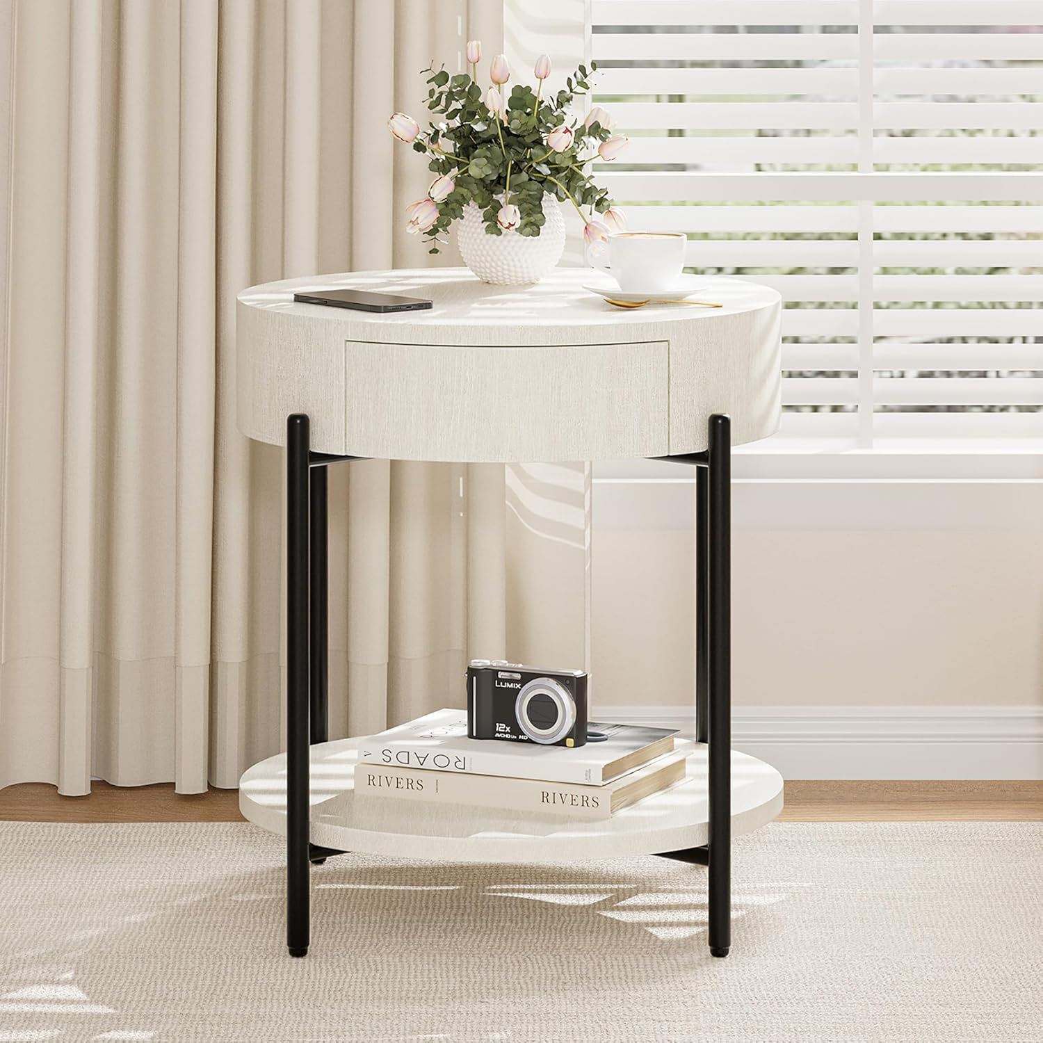 Ebern Designs End Table Round Side Table with Drawer Circle End Tables ...