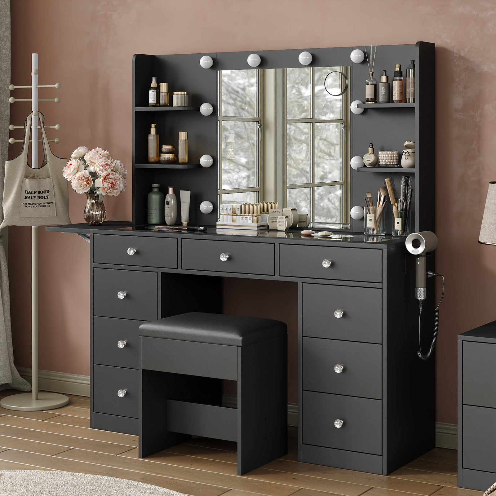 Latitude Run® Vanity Desk with Power Outlet, Makeup Vanity with Mirror ...