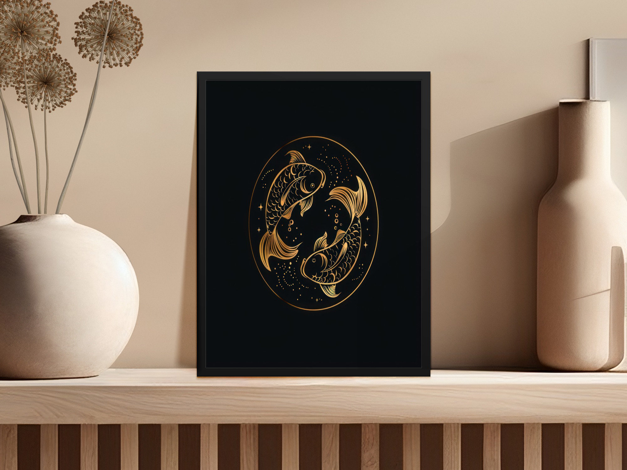 Lark Manor Golden Pisces Zodiac Sign Minimalist Illustration Framed ...