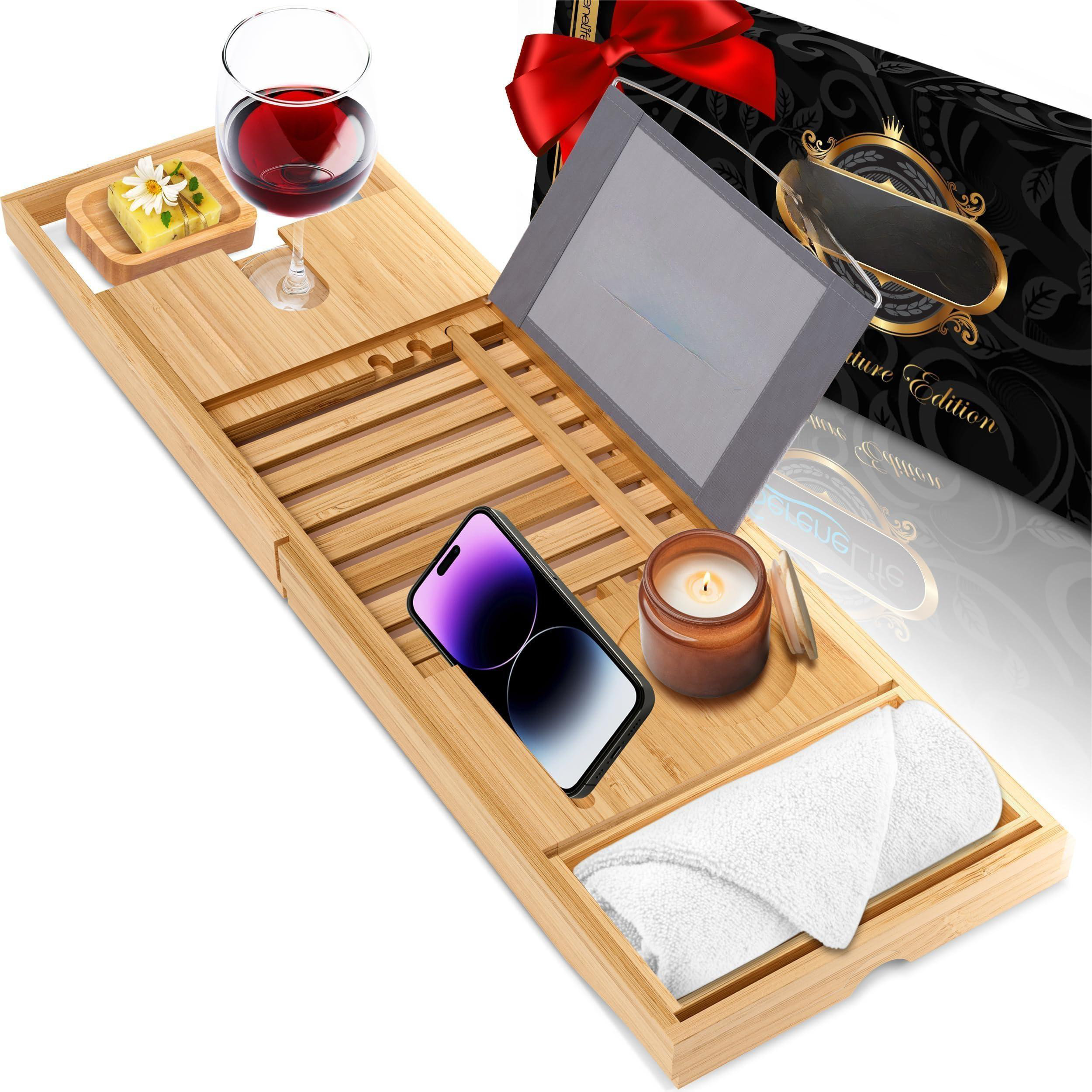 ColorLife Bamboo Bathtub Caddy With Luxury Gift Box And Red Gifting ...