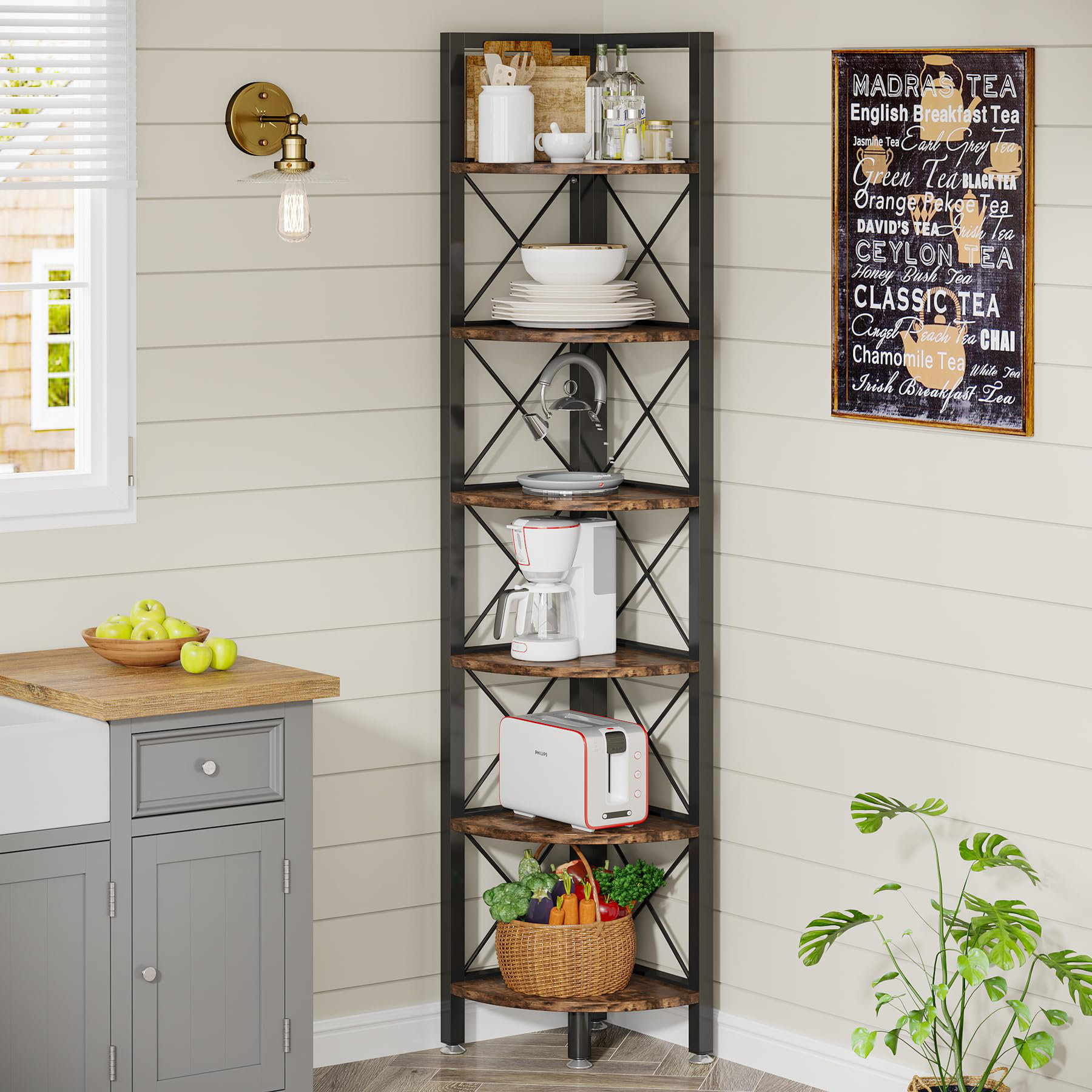 17 Stories 6 Tier Corner Shelf, Rustic Corner Bookshelf Small Bookcase ...