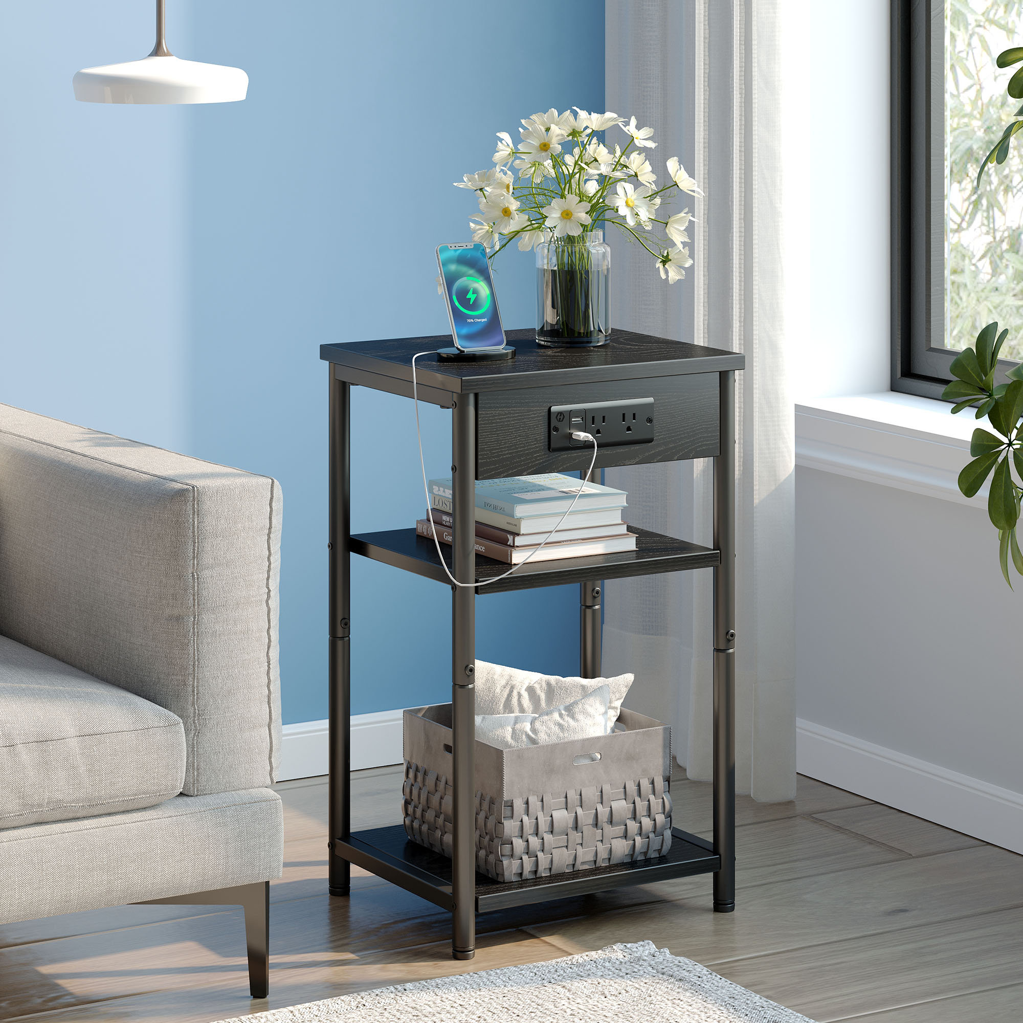 17 Stories End Table with Charging Station, Side Table for Living Room ...