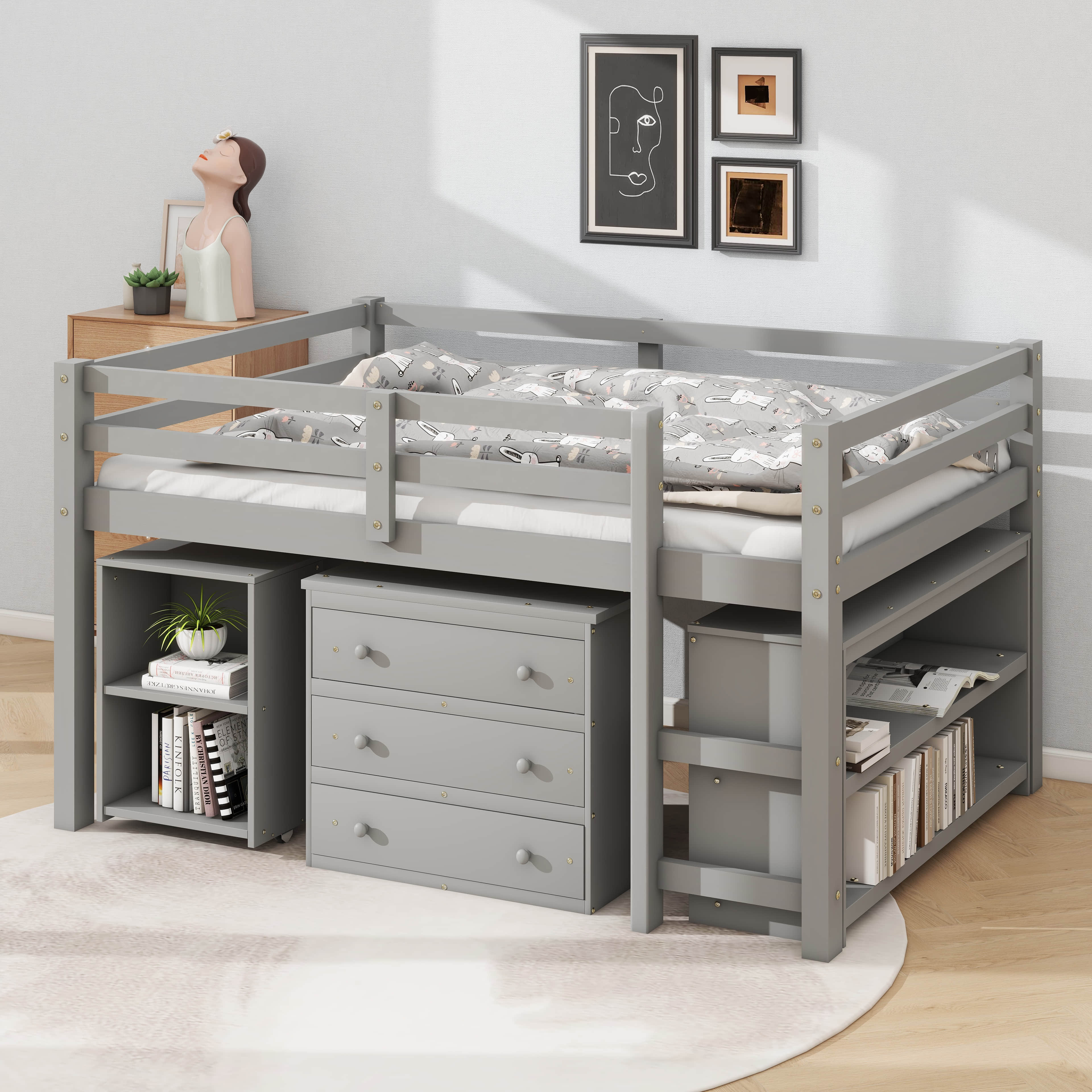 Harriet Bee Low Study Full Loft Bed With Cabinet ,Shelves And Rolling ...