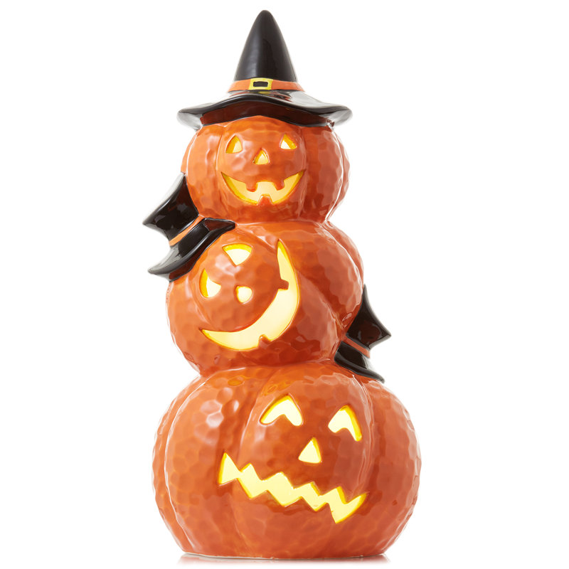 Casafield Pre-Lit Ceramic Halloween Stacked Pumpkins Hand-Painted ...