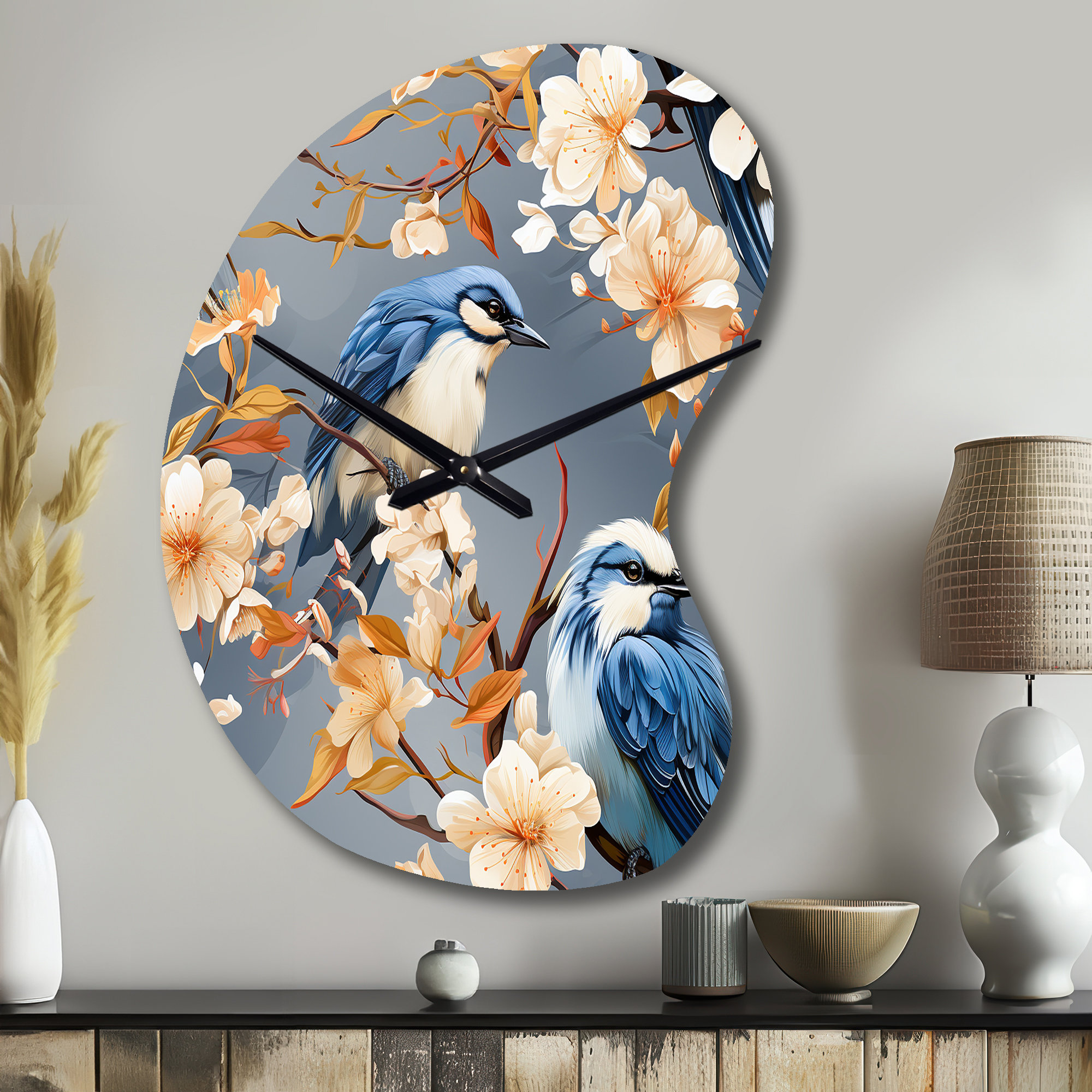 Design Art White And Blue Bird Floral Serenade - Asymmetrical Floral ...