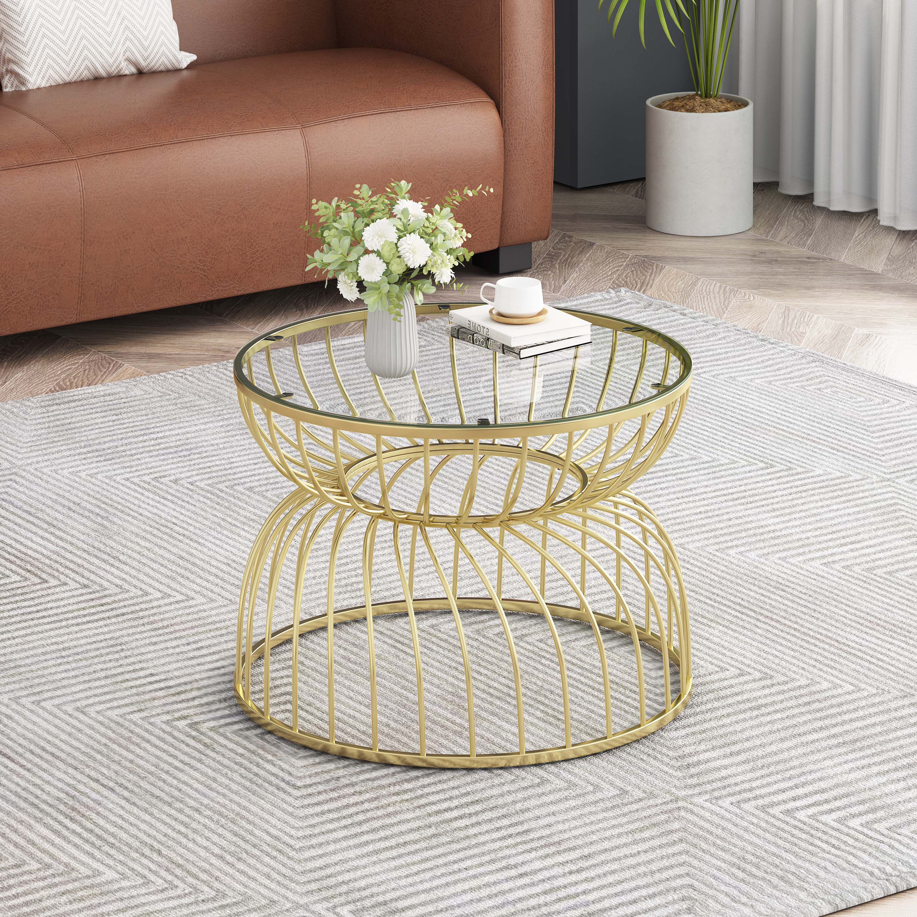Everly Quinn Coffee Table with Gold Metal Bases,glass top - Wayfair Canada