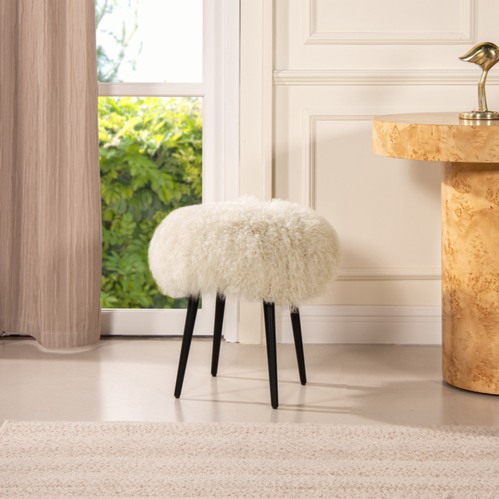 Everly Quinn Alberta 16" Mongolian Sheepskin Round Ottoman , Latte ...