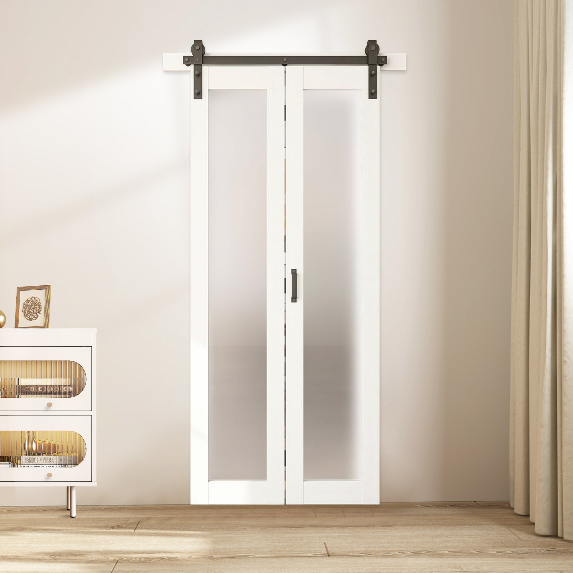 JUBEST 1-Lite White Frosted Glass Bi-Fold Barn Doors With Installation ...
