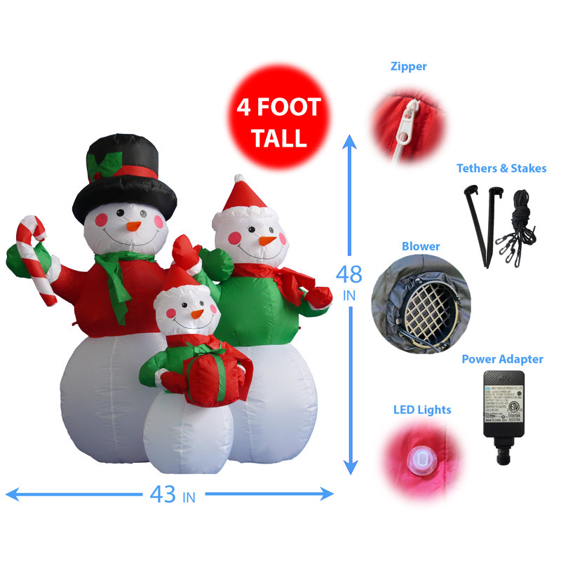 The Holiday Aisle® 4 Foot Tall Lighted Christmas Inflatable Snowman ...