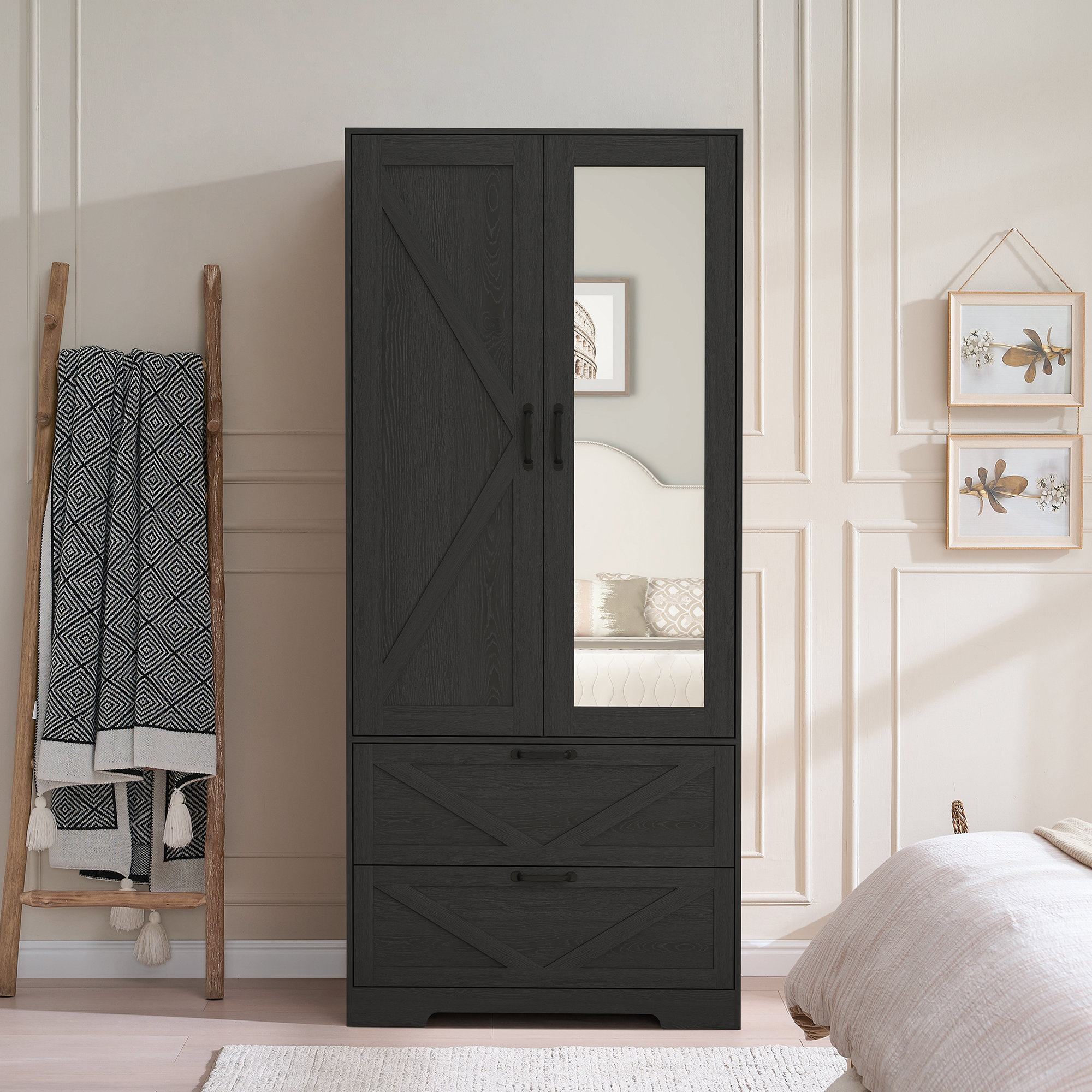 Gracie Oaks 2 Door Wood Wardrobe For Bedroom With Hanging Clothing Rod ...