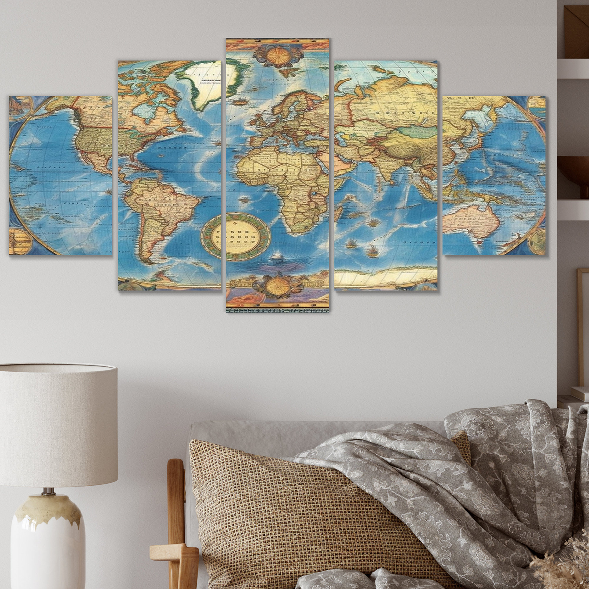 Charlton Home® Vintage World Map II - Maps Wall Art Print - 5 Panels ...