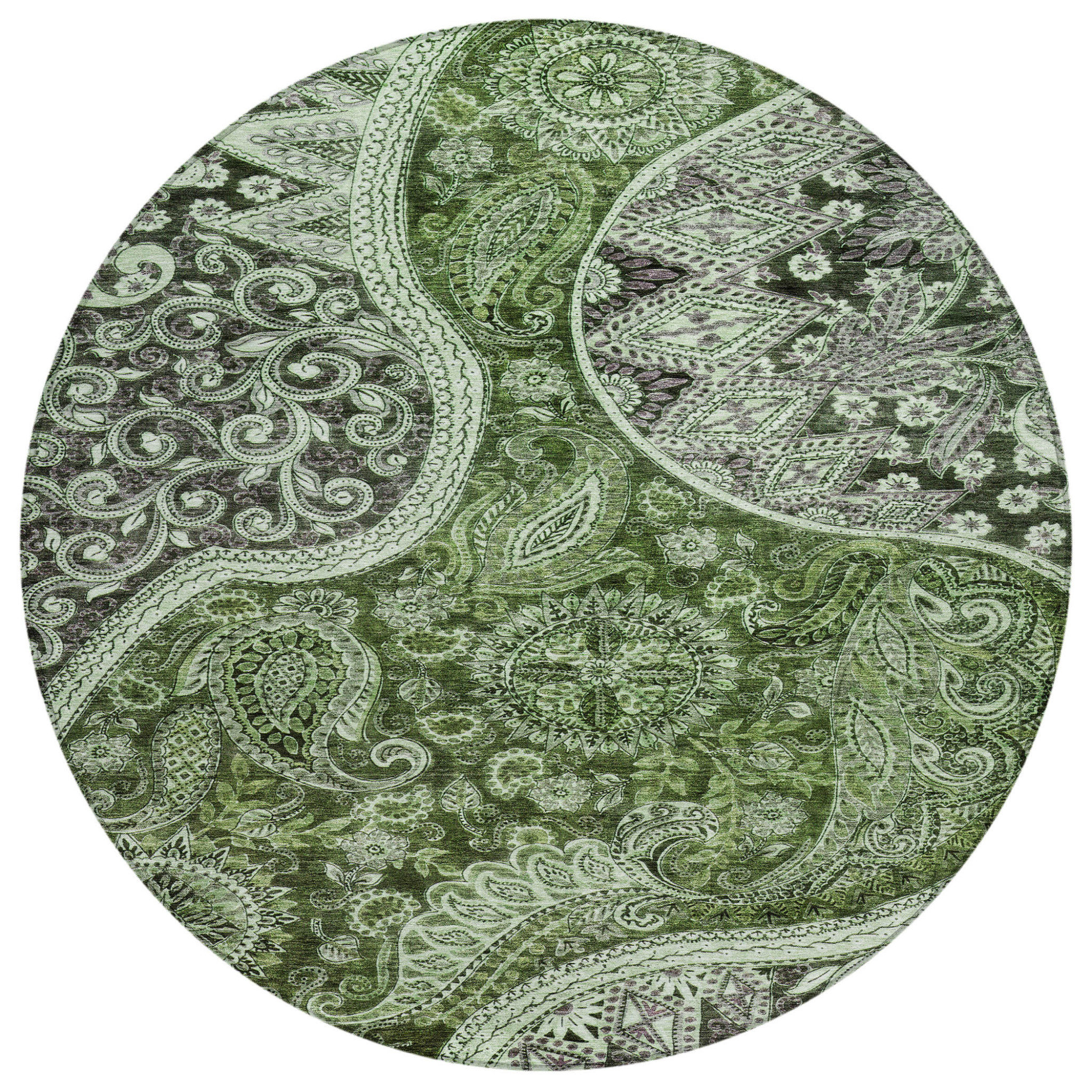 HomeRoots 8' Olive Green Round Floral Medallion Washable Indoor Outdoor ...