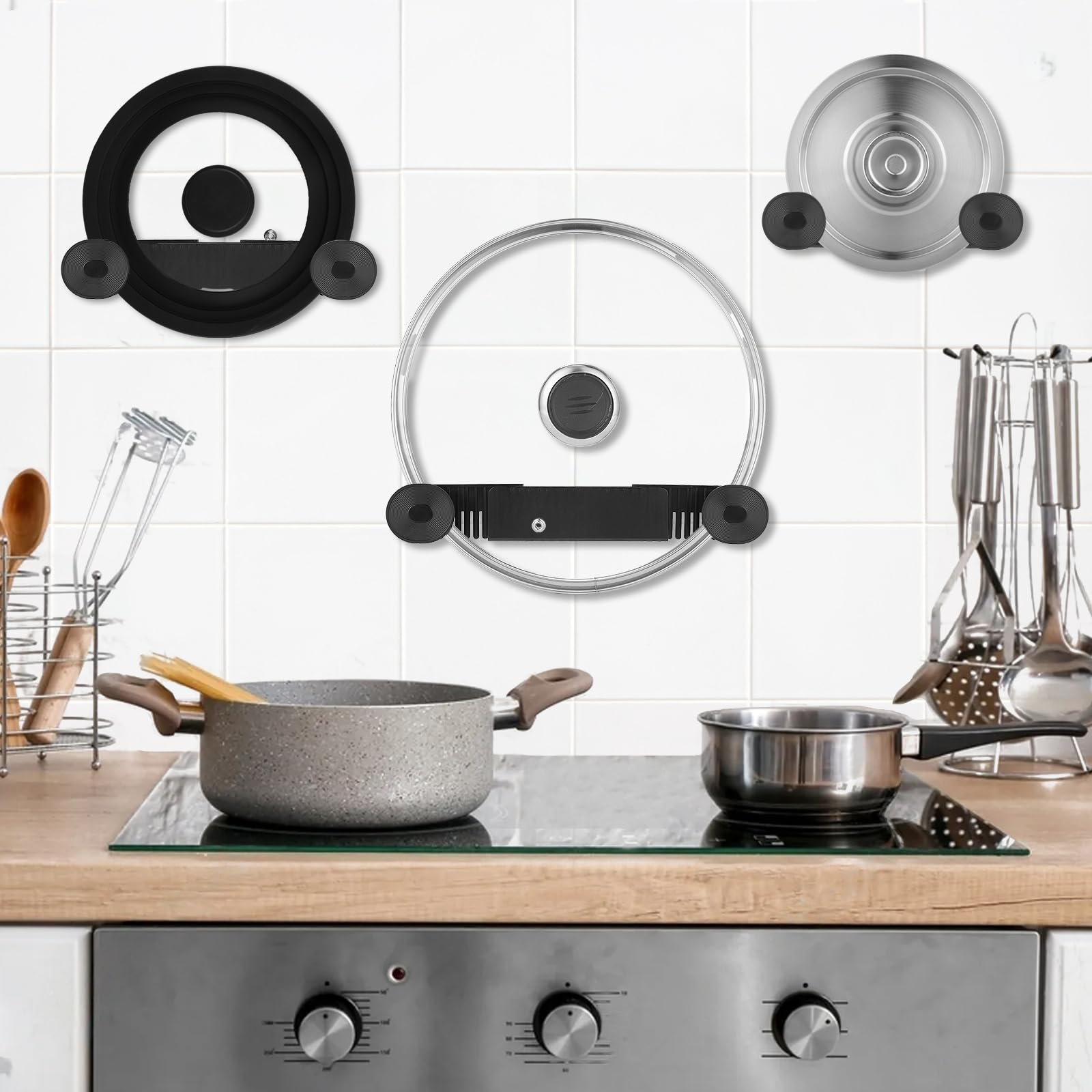 Rebrilliant 4 Pack Adjustable Pot Lid Holders, Adhesive Wall Mount Pot ...