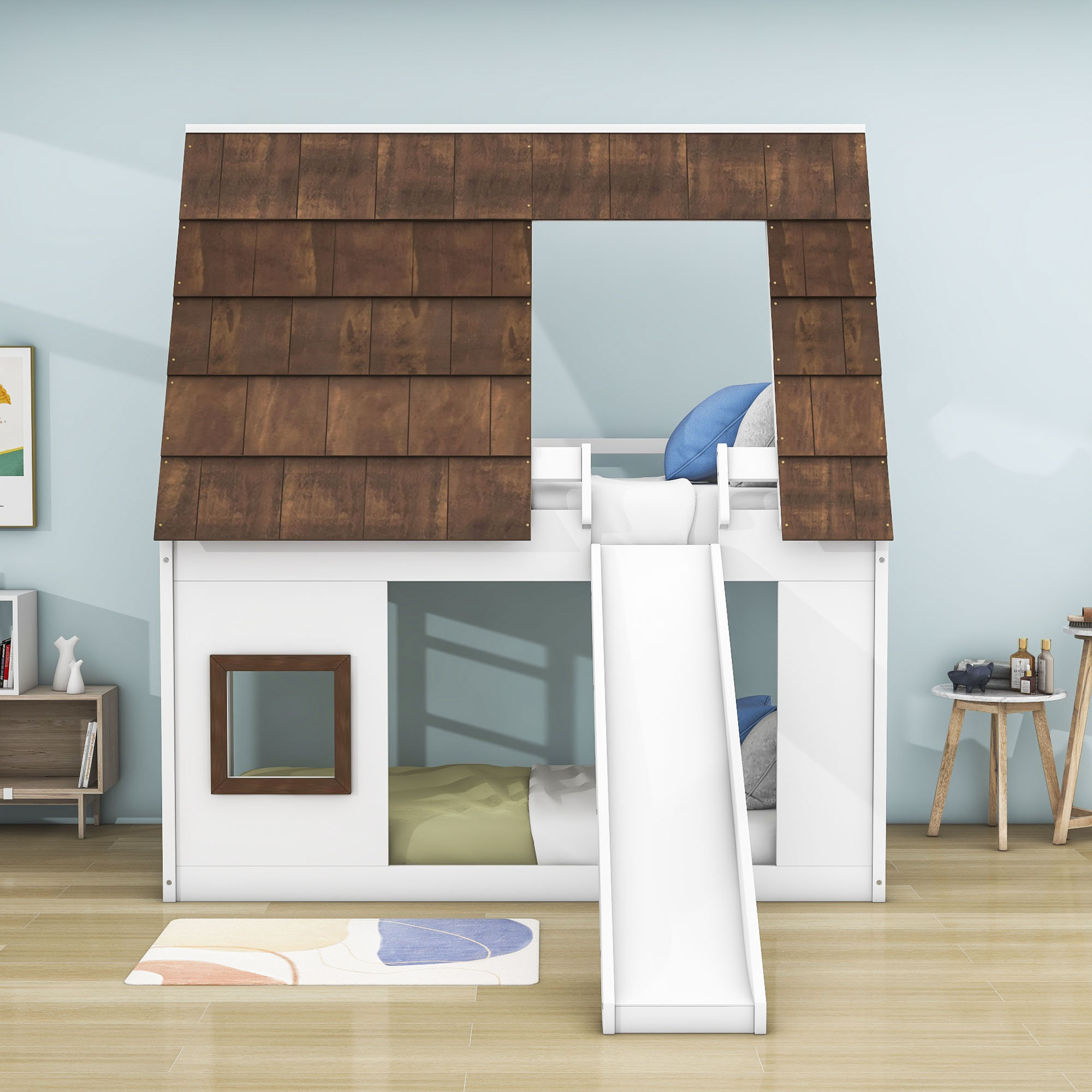 Harper Orchard Turing Kids Twin Over Twin Wood House Bunk Bed with Roof ...