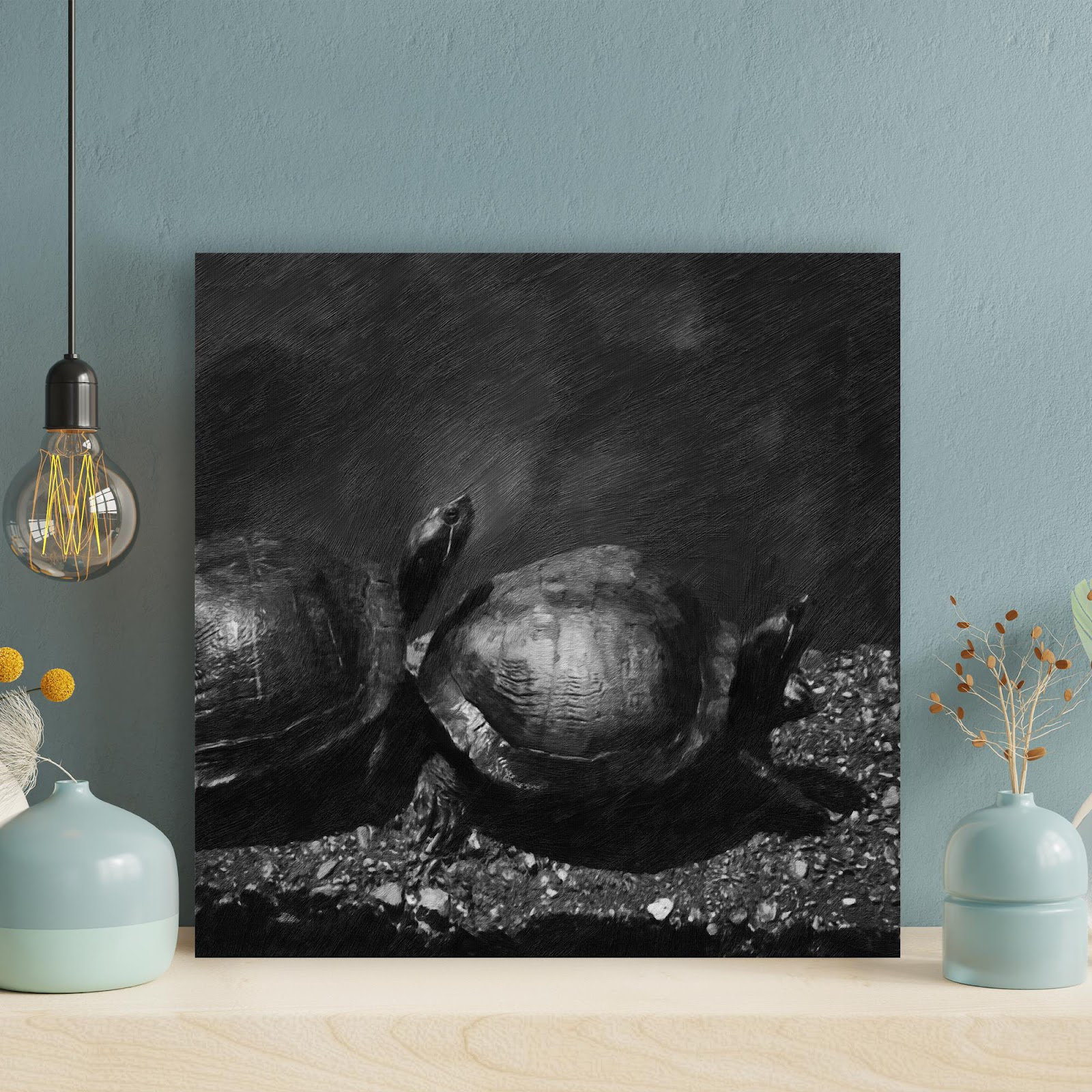 Bayou Breeze Grayscale Photo Of Turtle On Tree Branch - 1 Piece Square ...