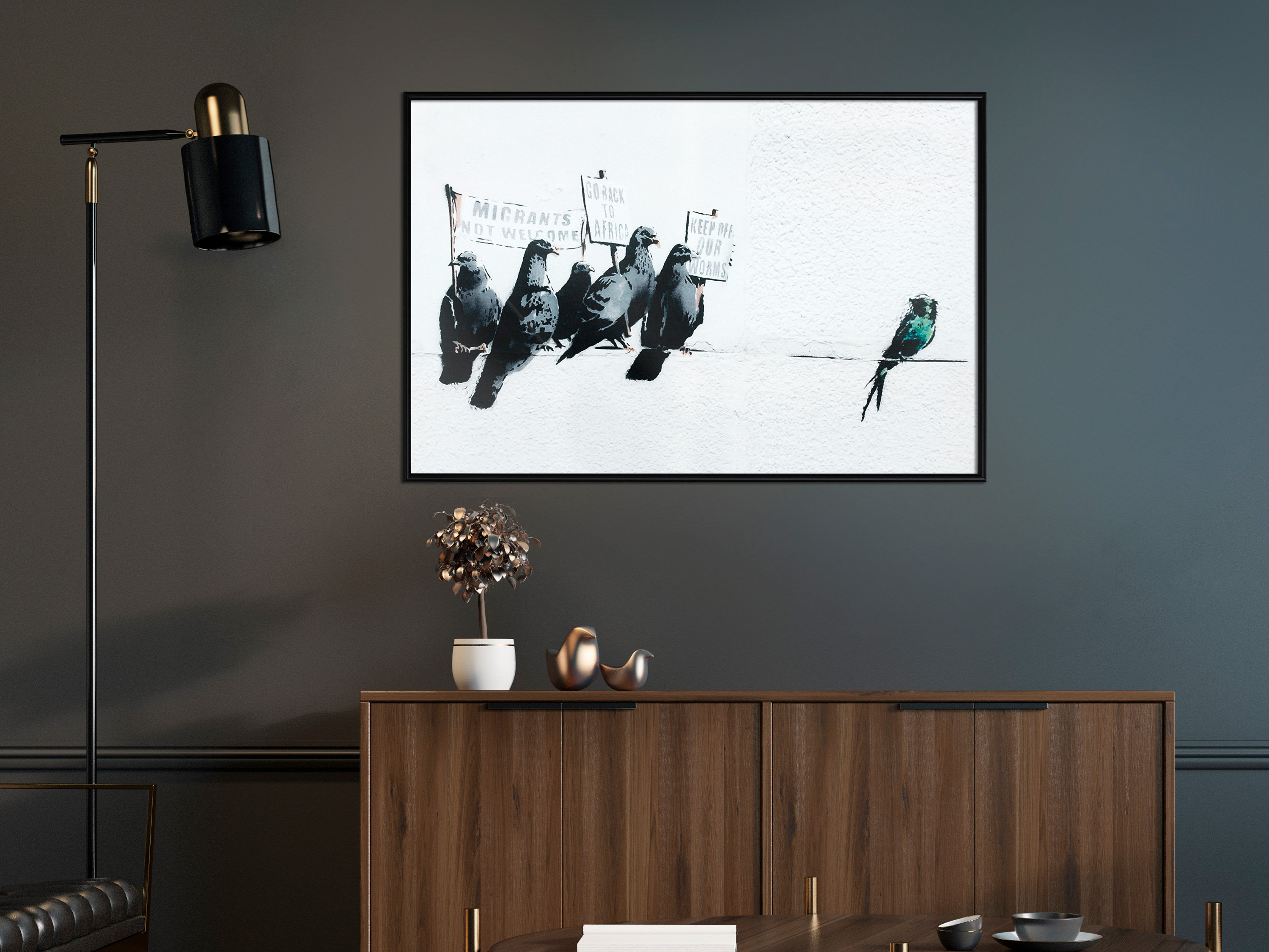 East Urban Home Banksy: Pigeons - Floater Frame Photograph | Wayfair
